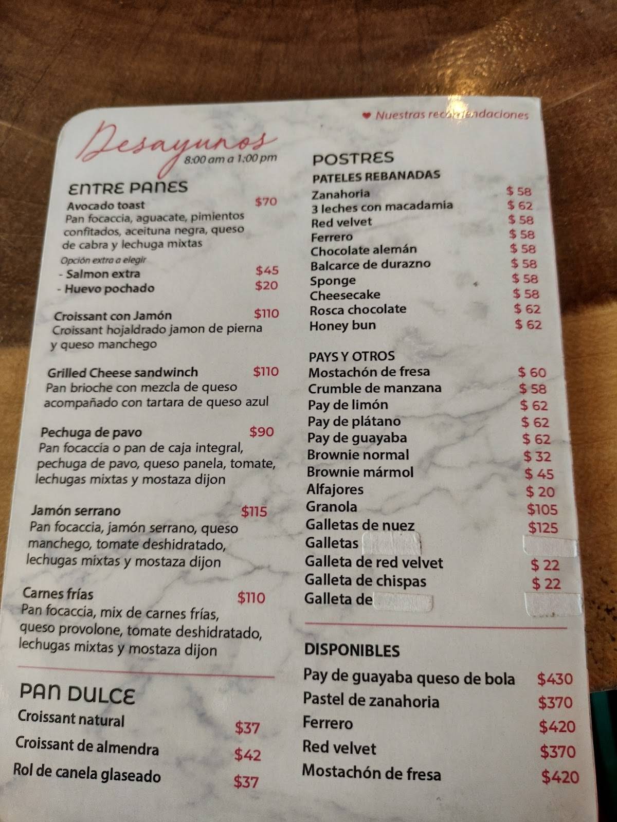 Carta de NATA CAFETERÍA Reforma, Veracruz