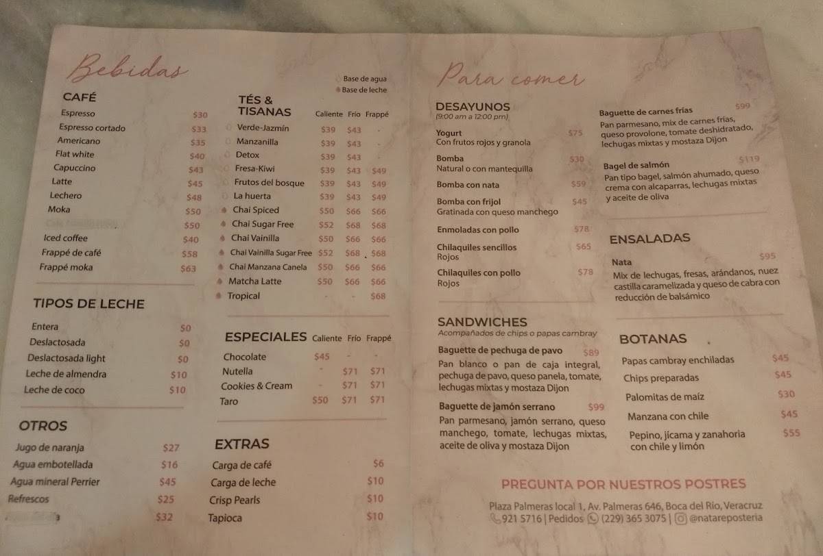 Carta de NATA CAFETERÍA Palmeras, Veracruz