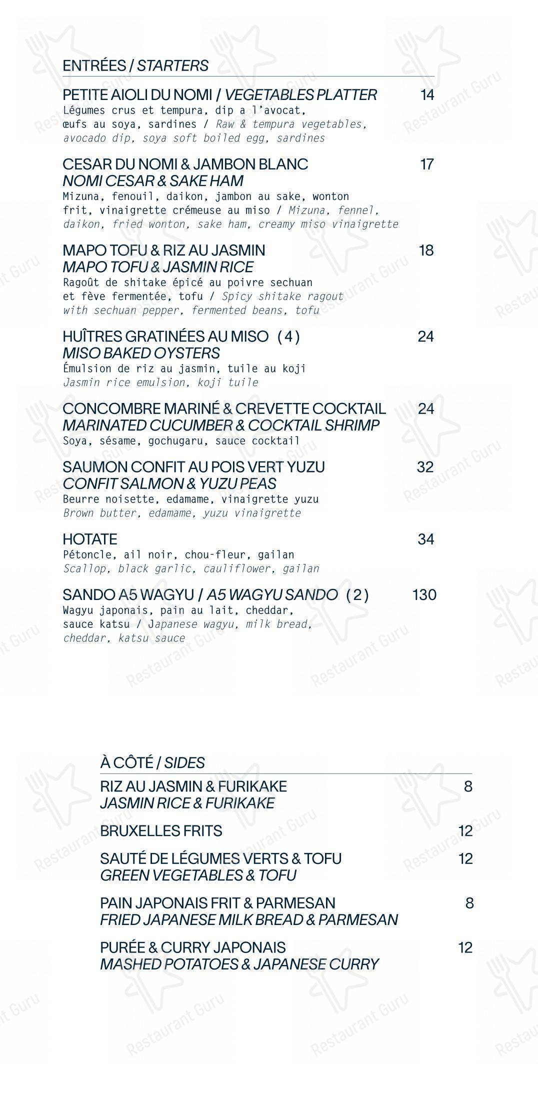 Menu au NOMI restaurant, Montréal