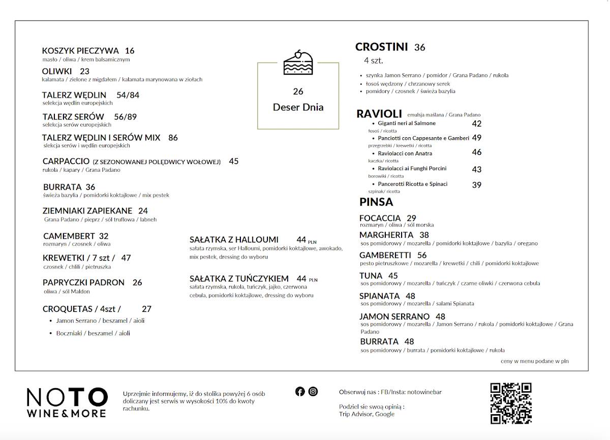 Menu at NOTO wine bar Kraków Kazimierz, Kraków