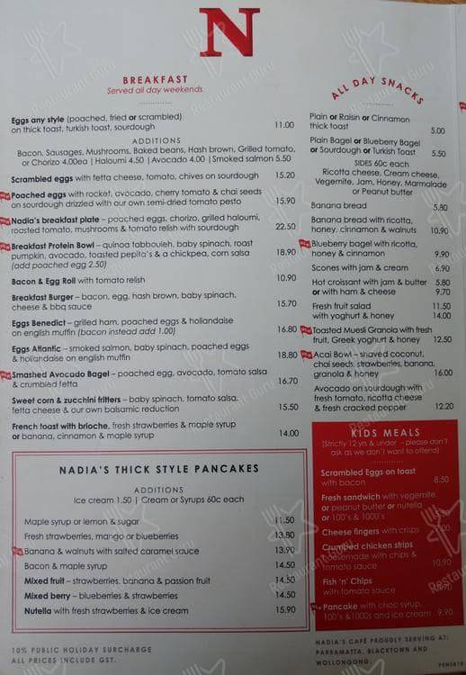 Menu at Nadia's Cafe Penrith, Penrith