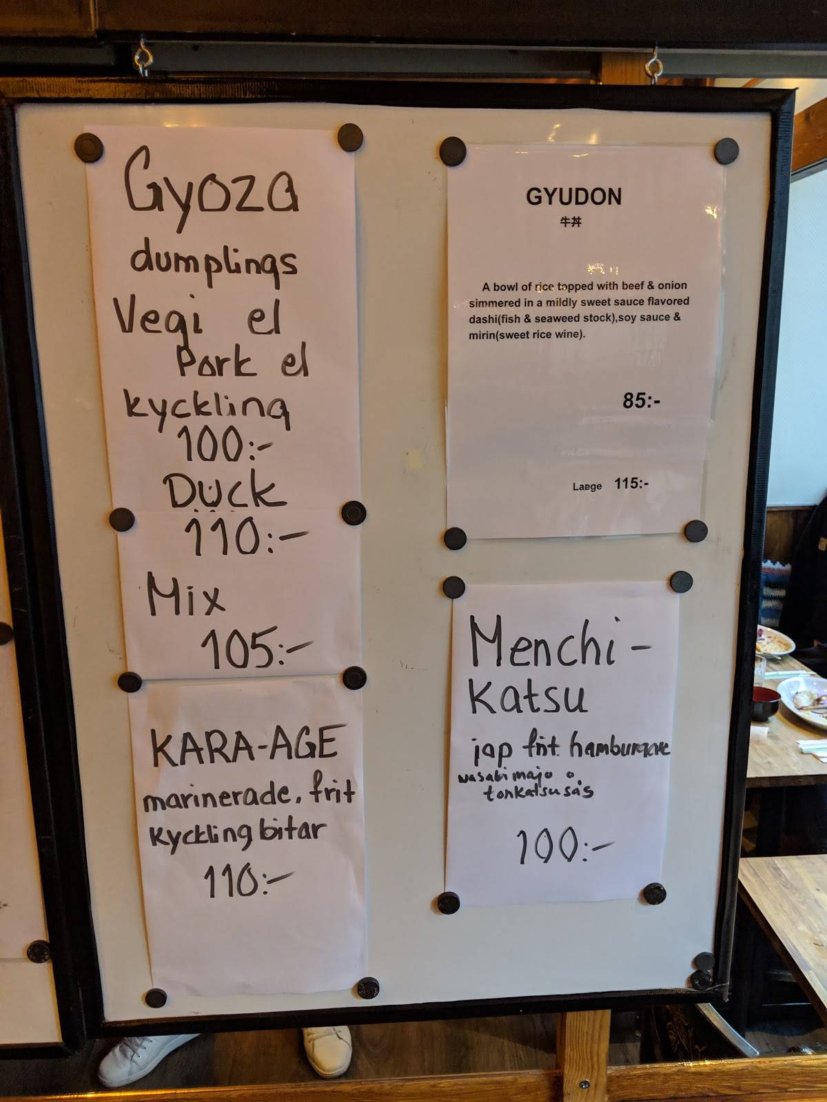 Menu at Nagano restaurant, Stockholm