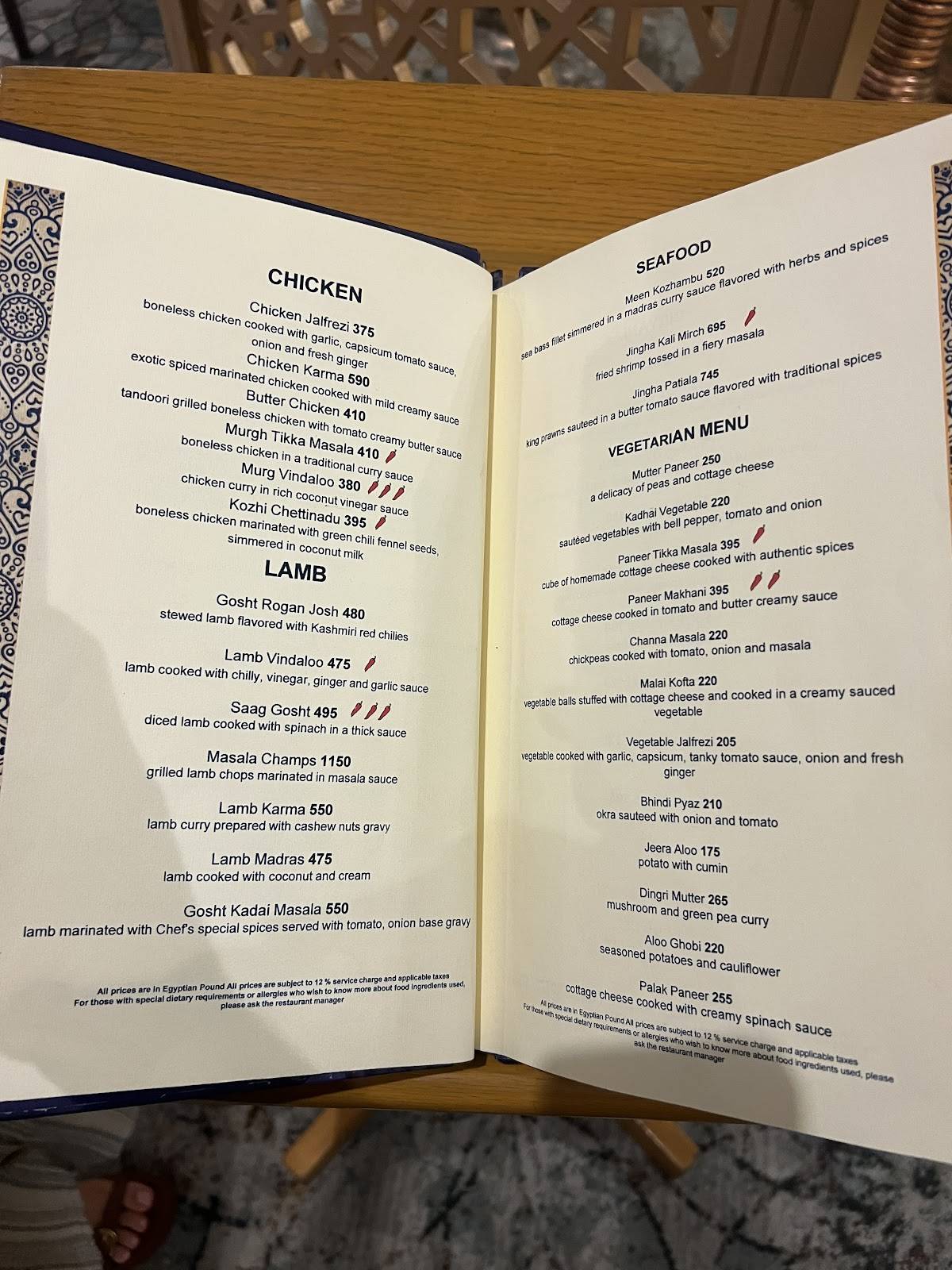 Menu at Namaste Indian Restaurant, Cairo, Nile Corniche