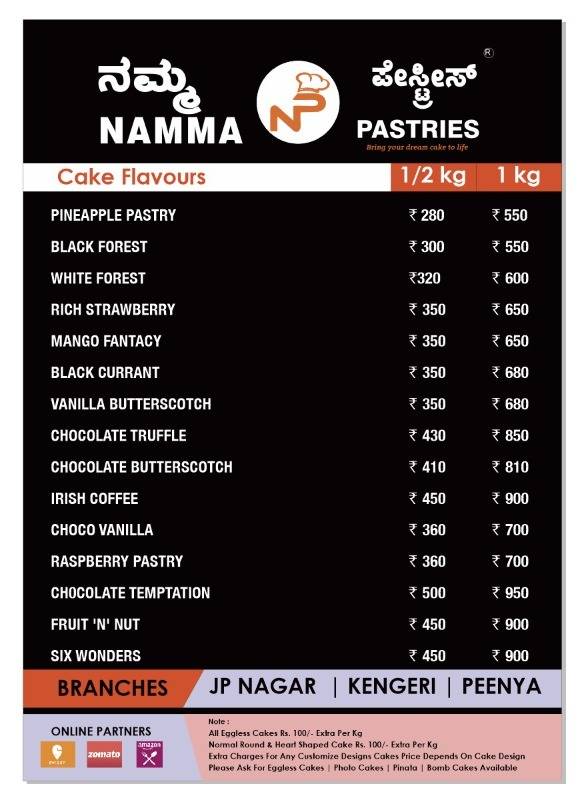 Menu at Namma Pastries, Bengaluru, 12/1 hegganahalli main road vishwanadeem