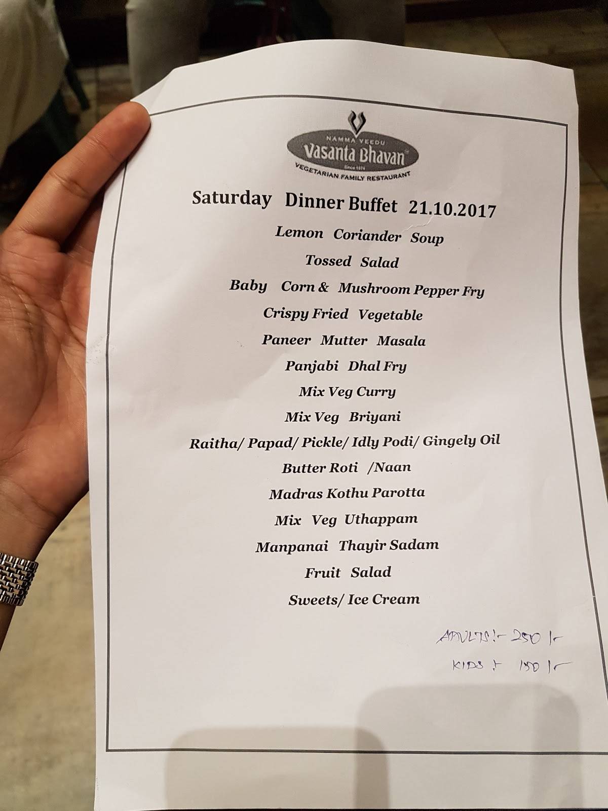 Menu at Namma Veedu Vasanta Bhavan, Chennai, 5