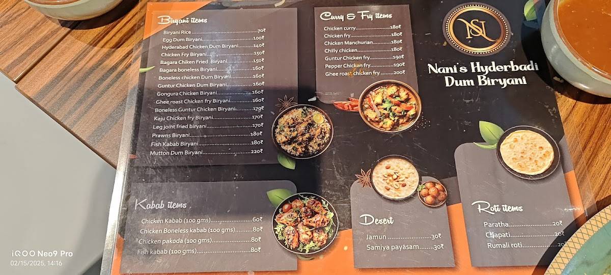 Menu at Nani's Hyderabad Dum Biryani, Bengaluru