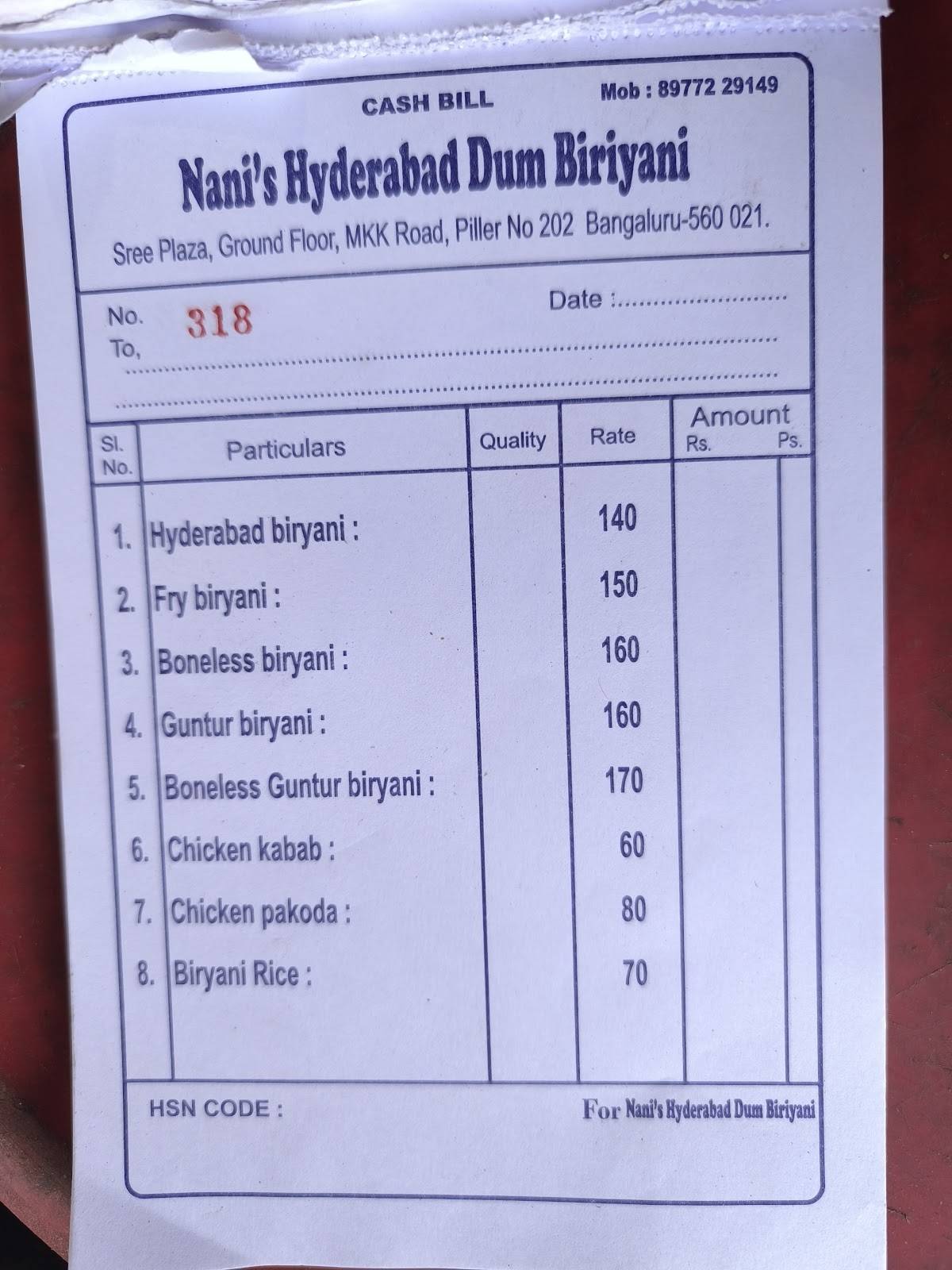 Menu at Nani's Hyderabad Dum Biryani, Bengaluru
