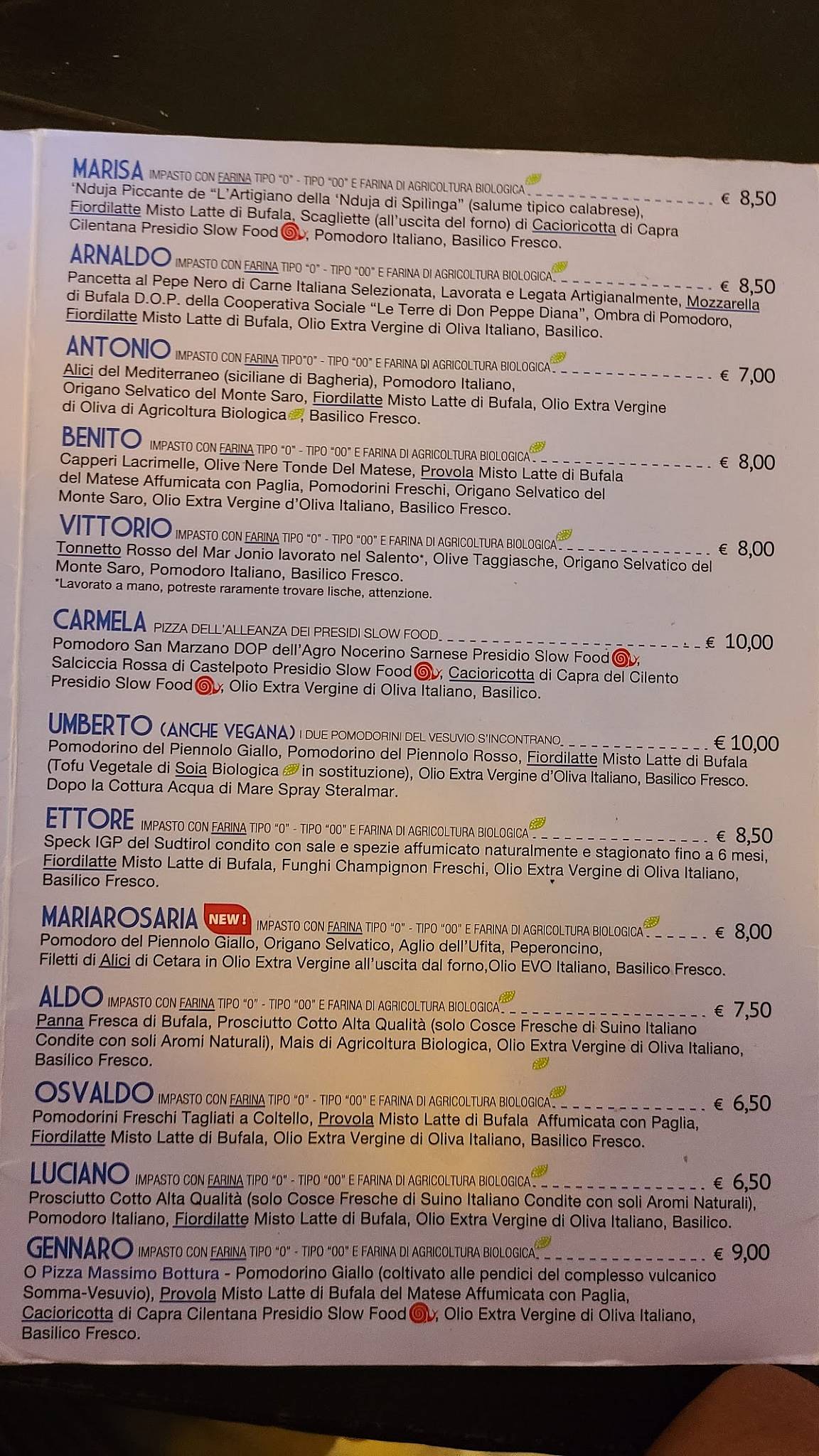 Menu at Gino e Toto Sorbillo pizzeria, Naples, Via dei Tribunali