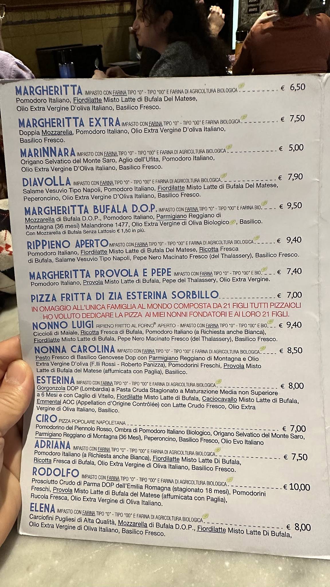Menu at Gino e Toto Sorbillo pizzeria, Naples, Via dei Tribunali