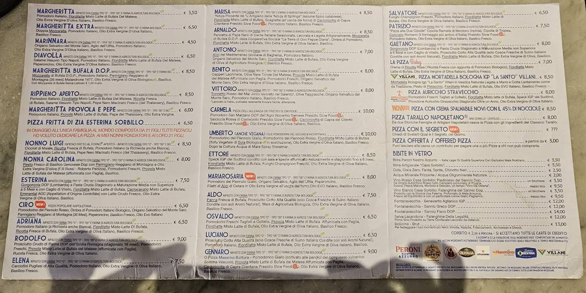 Menu at Gino e Toto Sorbillo pizzeria, Naples, Via dei Tribunali