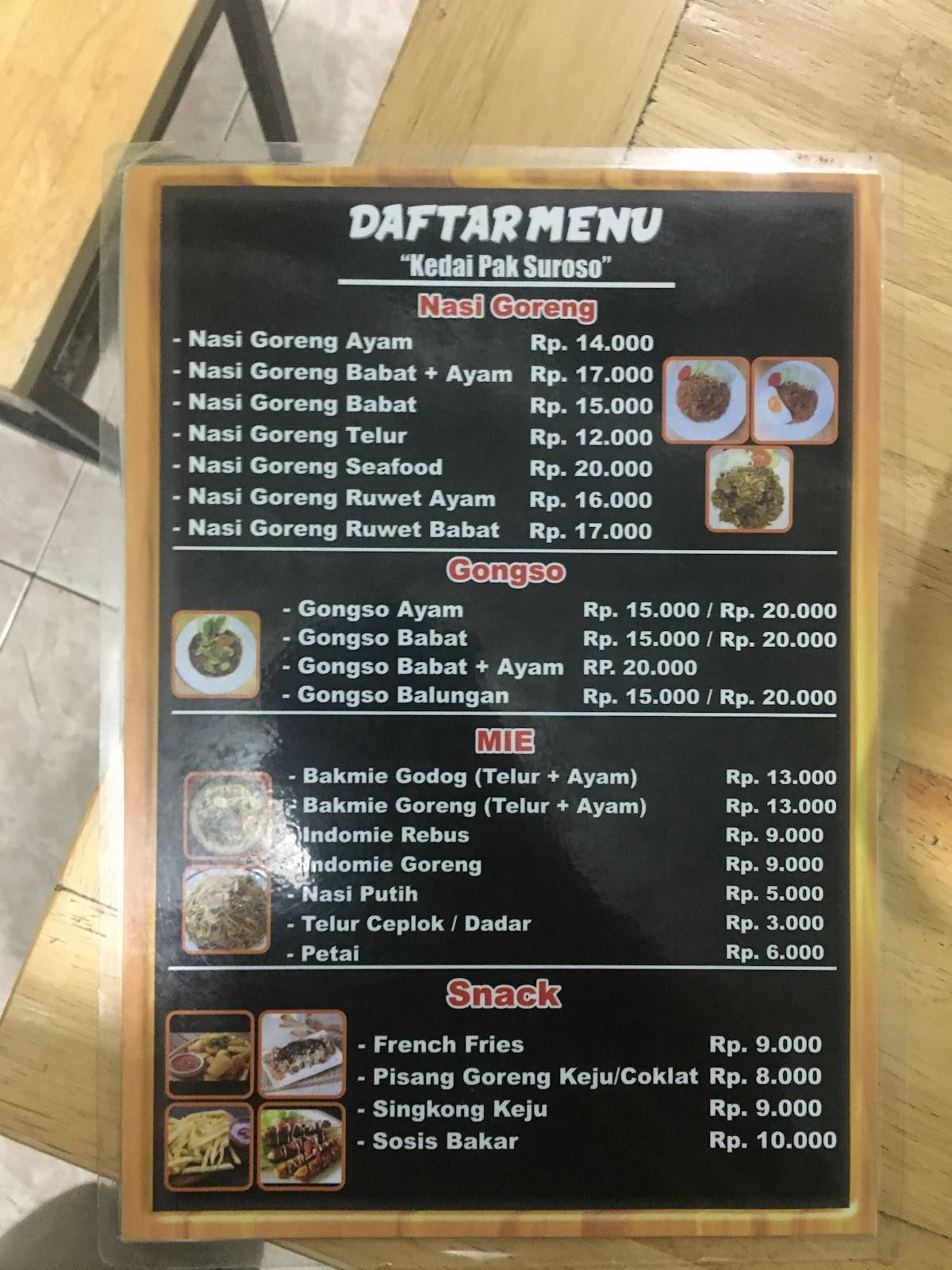 Menu at Nasi Goreng Pak Suroso restaurant, Semarang