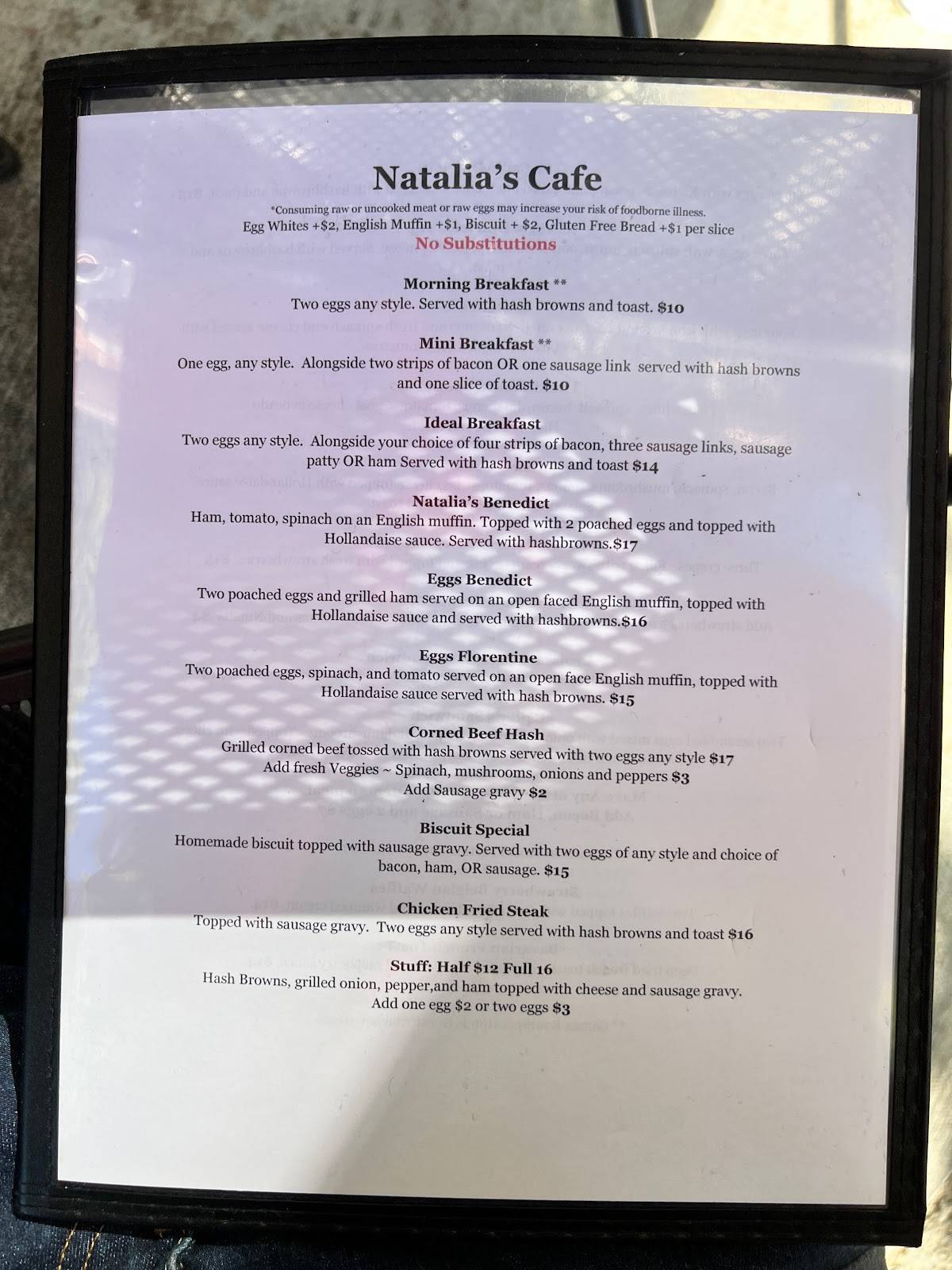 Menu at Natalia's Cafe, Camas