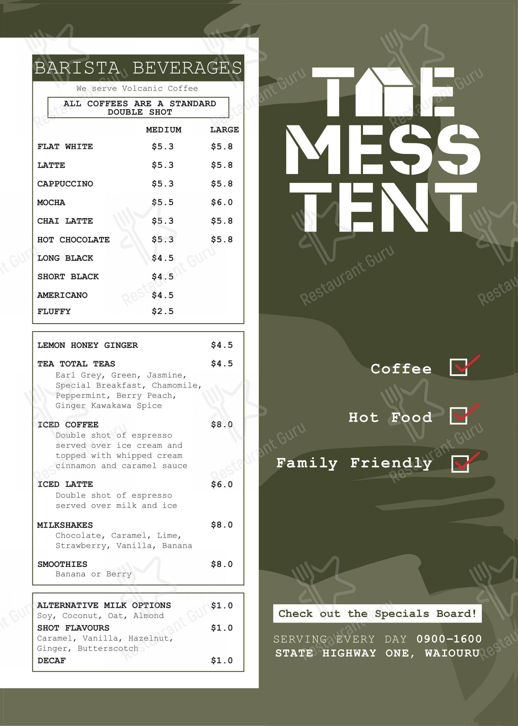 Menu at National Army Museum Cafe, Waiouru