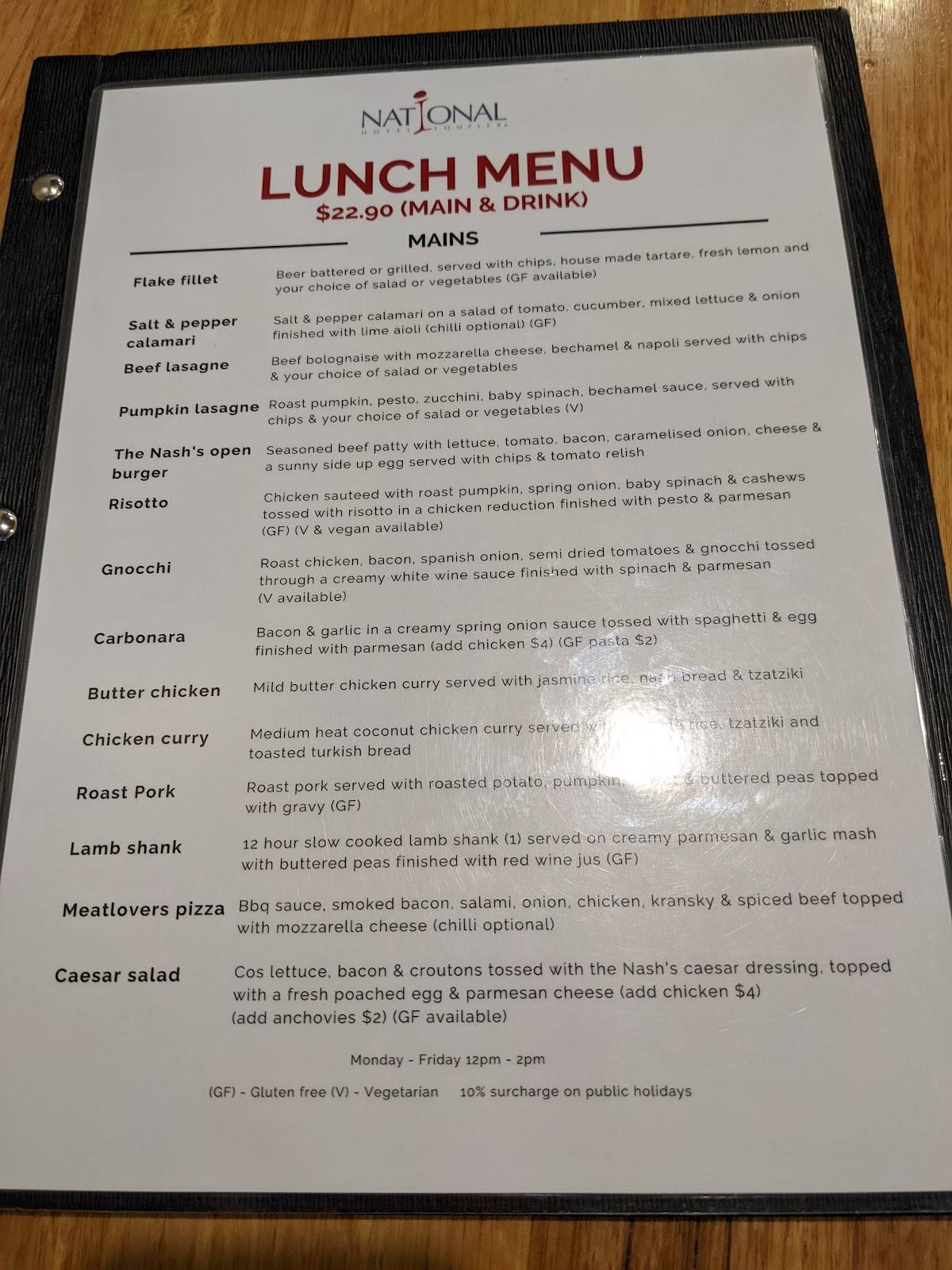 Menu at National Hotel Bar & Grill, Bendigo