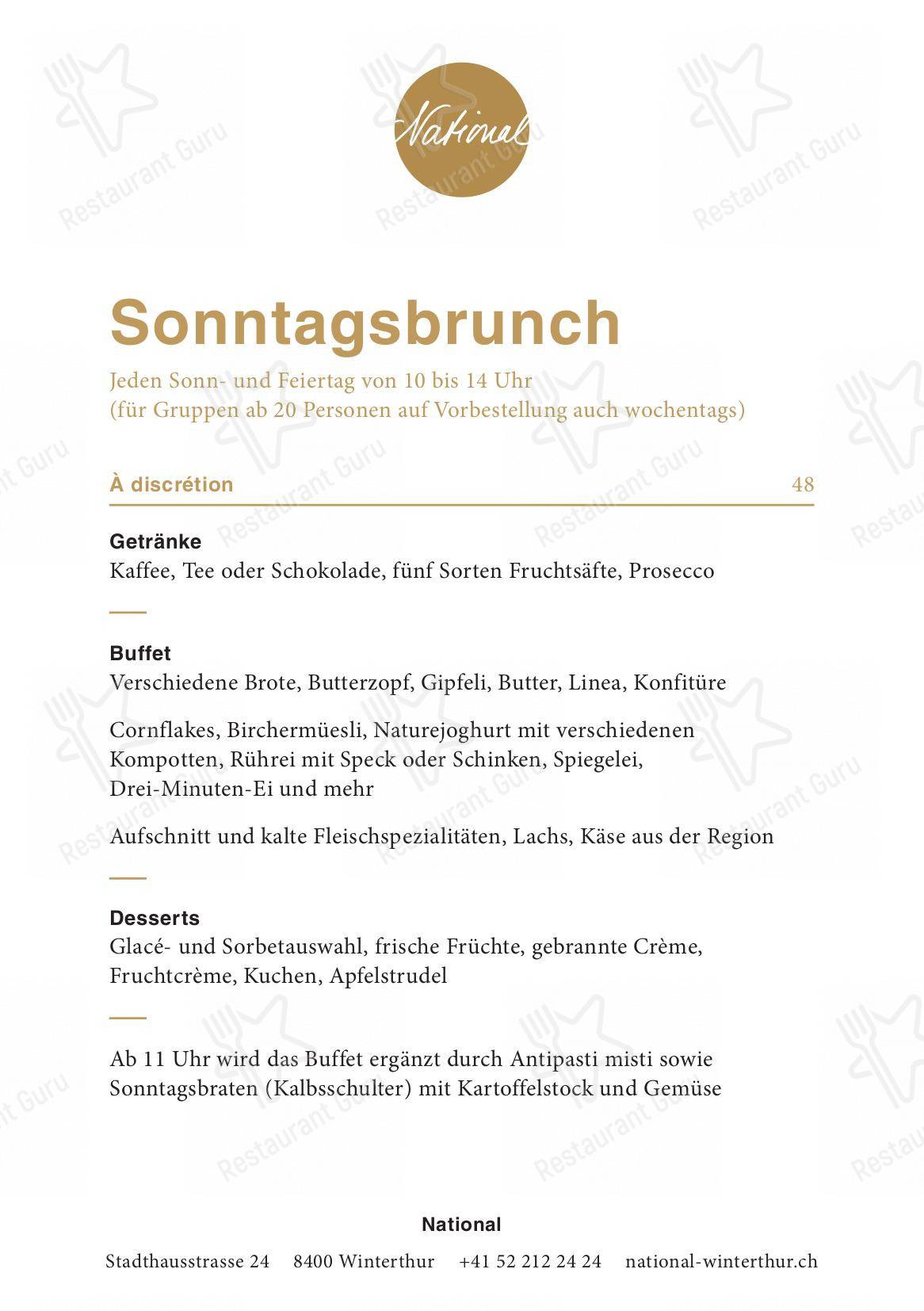 Speisekarte von Restaurant National, Winterthur