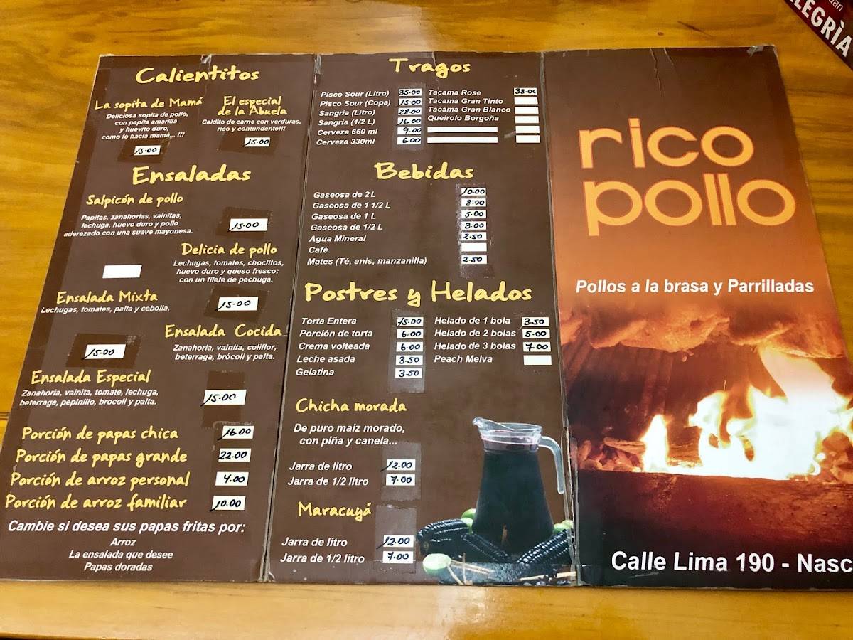 Carta del restaurante Pollería Rico Pollo, Nasca