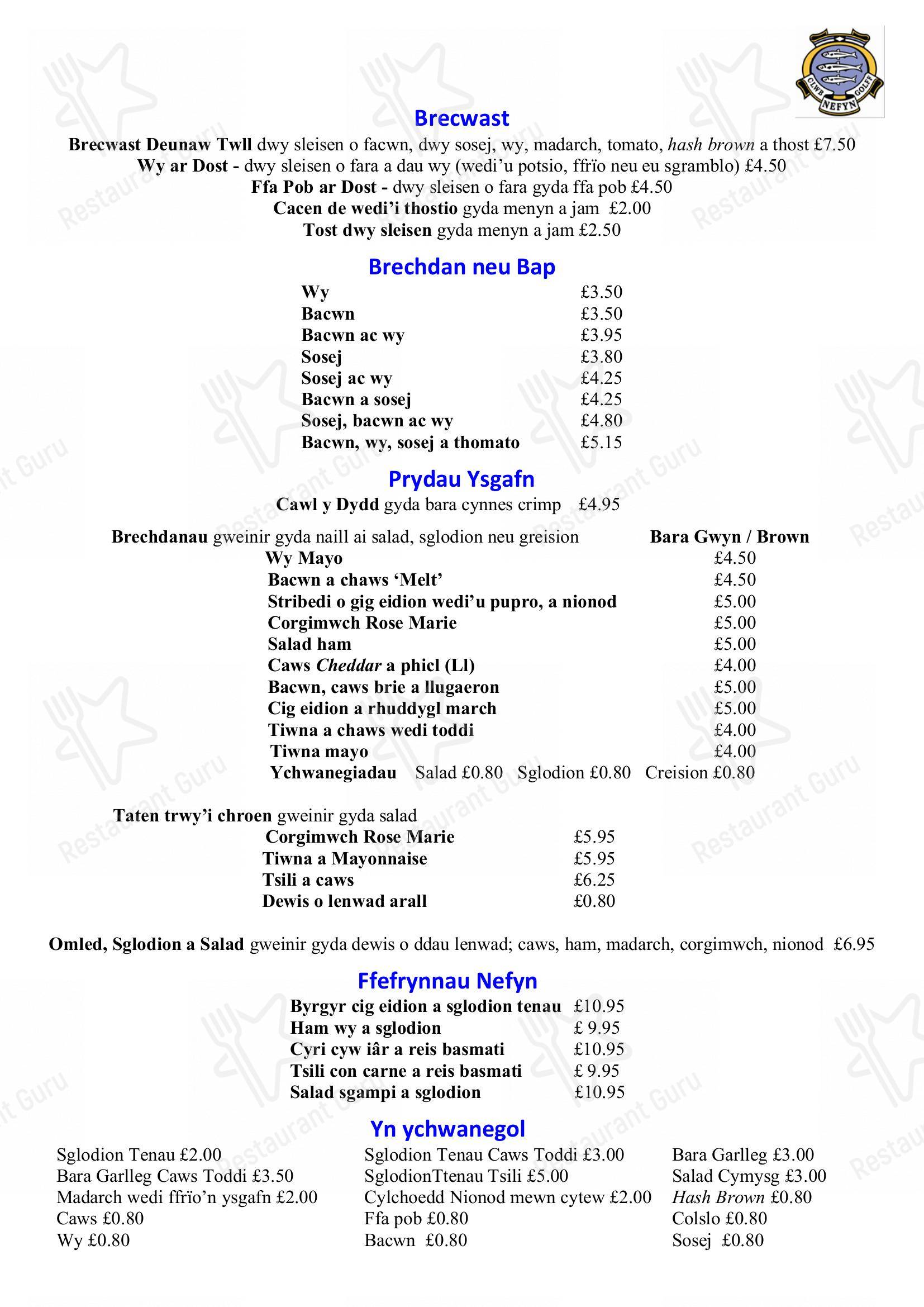 Menu at Nefyn Golf Club Restaurant, Morfa Nefyn