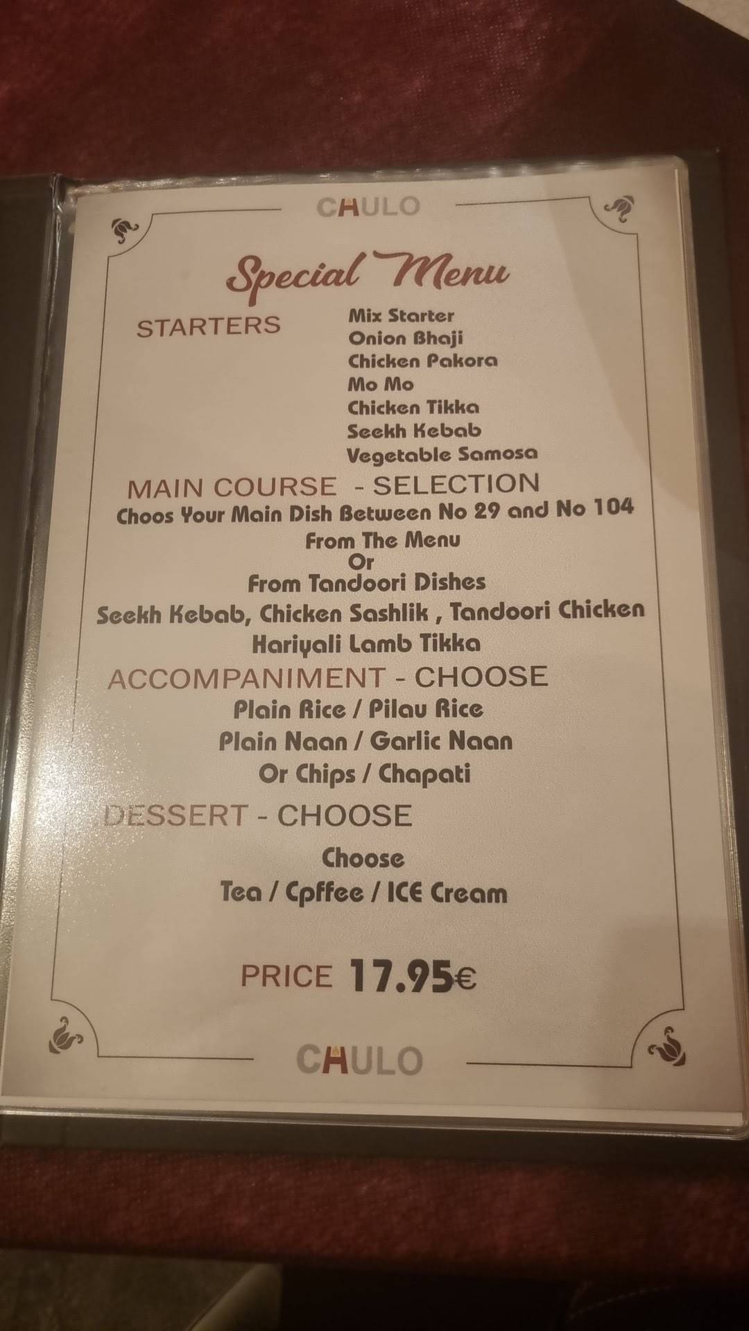 Menu at Nepali Chulo restaurant, Benidorm