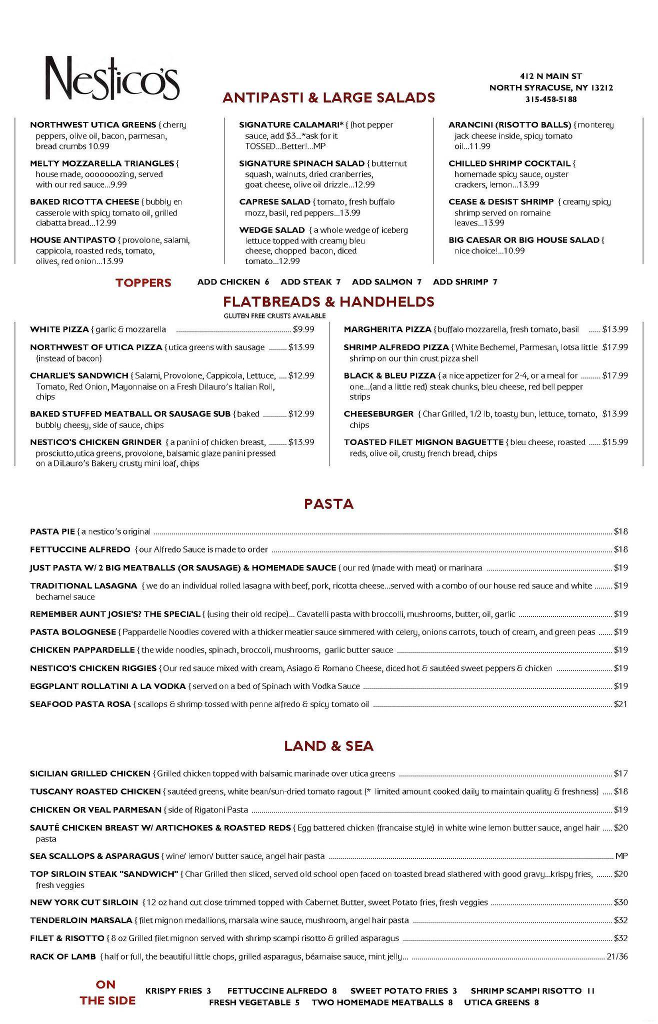 Menu at Nestico's restaurant, North Syracuse