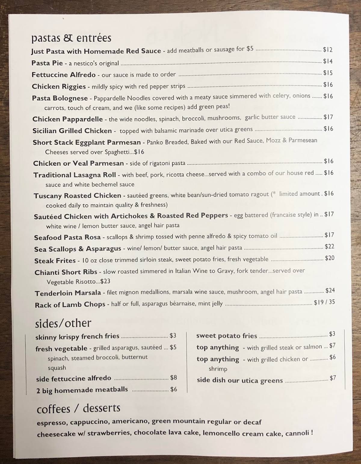 Menu at Nestico's restaurant, North Syracuse