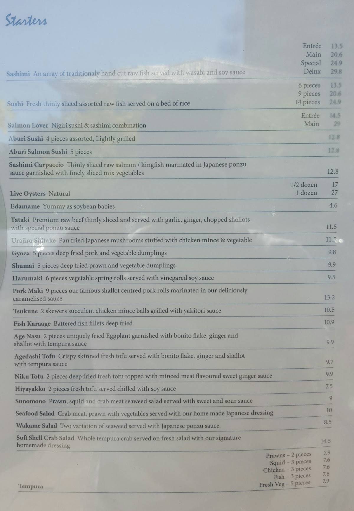 Menu at Kyushu Japanese Restaurant, Neutral Bay