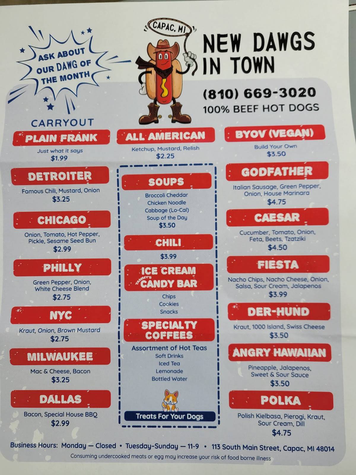 Menu at New Dawgs In Town restaurant, Capac
