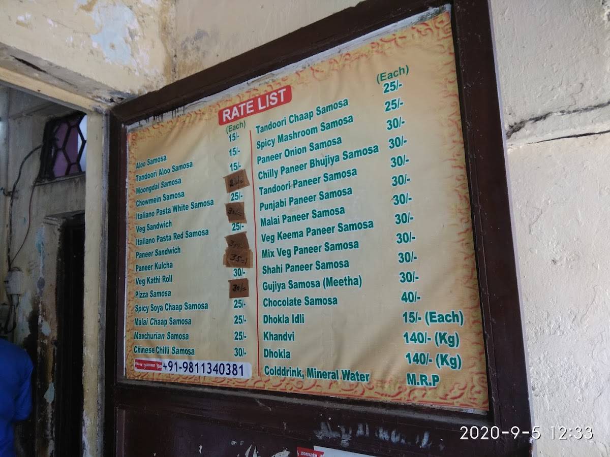 Menu at Kumar Samosa Wala, New Delhi