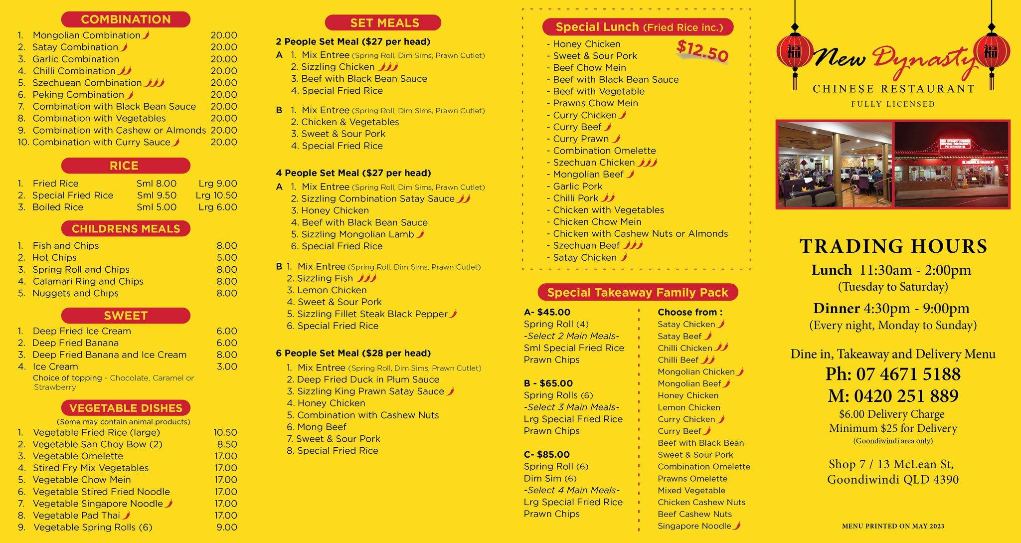 Menu at New Dynasty Restaurant, Goondiwindi