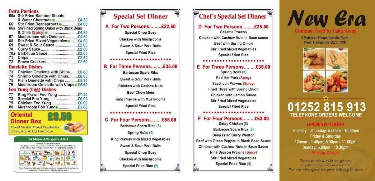 Menu at New Era Chinese Take Away fast food, Fleet