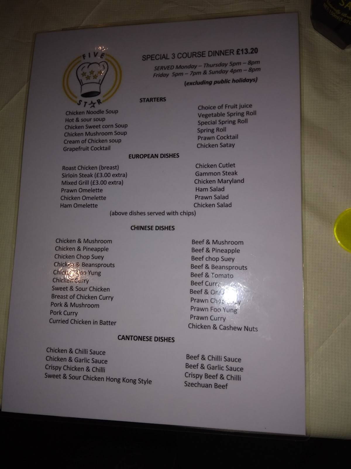 Menu at New Five Star Restaurant, Kilmarnock