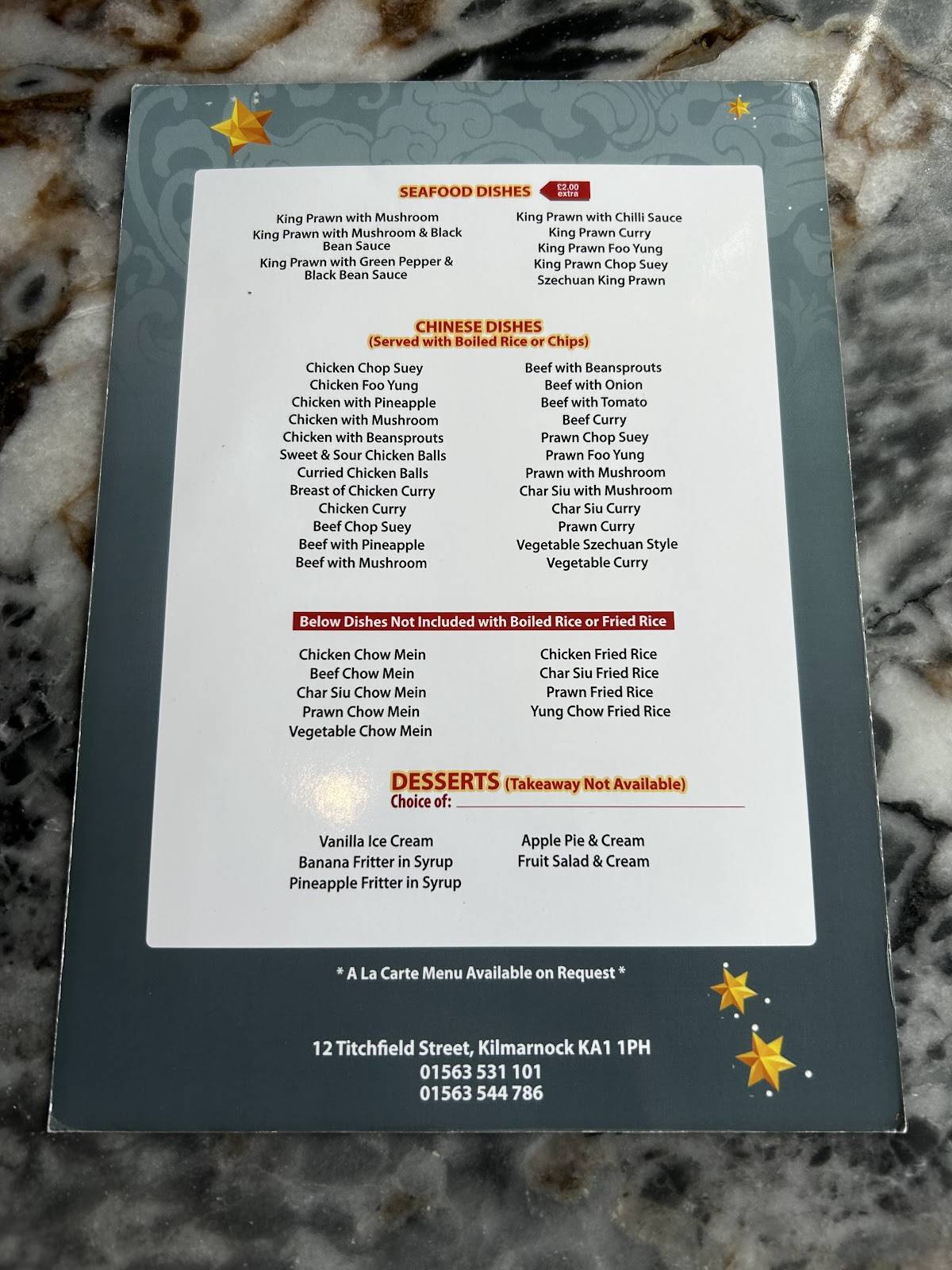 Menu at New Five Star Restaurant, Kilmarnock