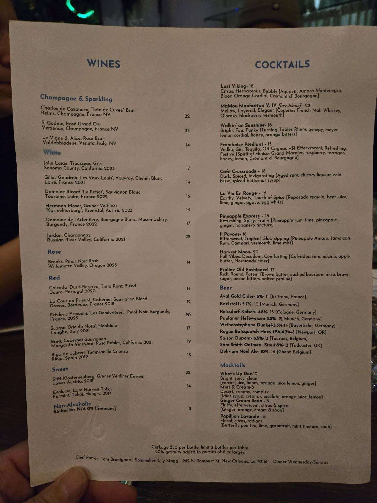 Menu at MaMou restaurant, New Orleans