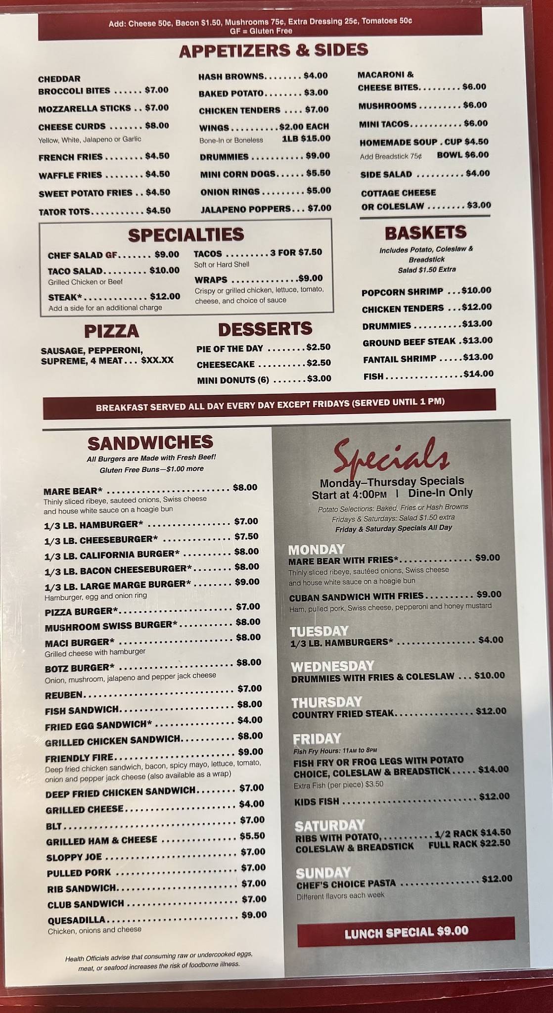 Menu at Friendly Bar Inc, Star Prairie