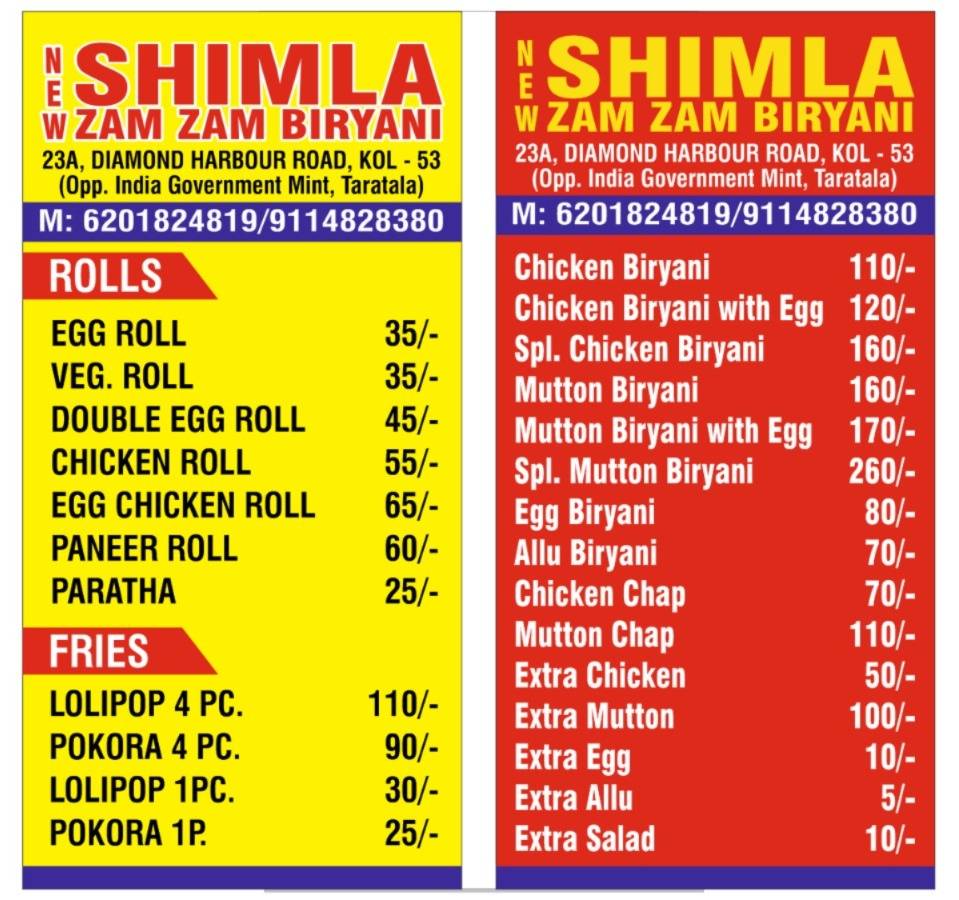 Menu at New Shimla Zam Zam Biryani, Kolkata