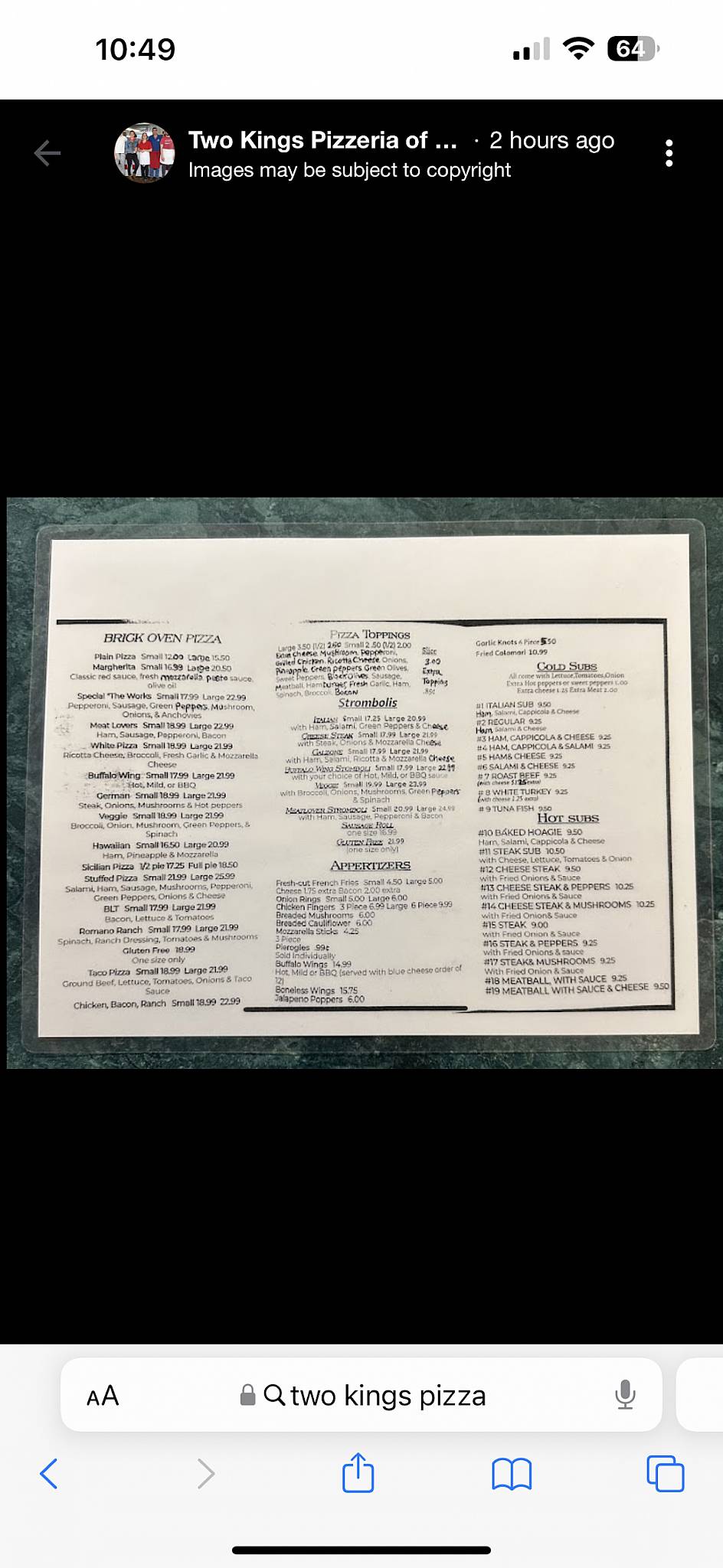 Menu at Two Kings Pizzeria of New Tripoli, New Tripoli, PA-309
