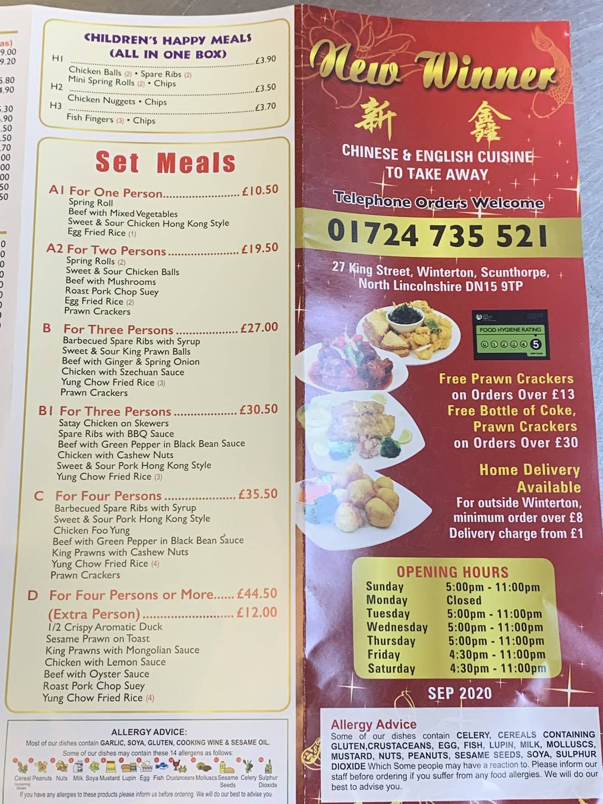 Menu at New Winner fast food, Scunthorpe