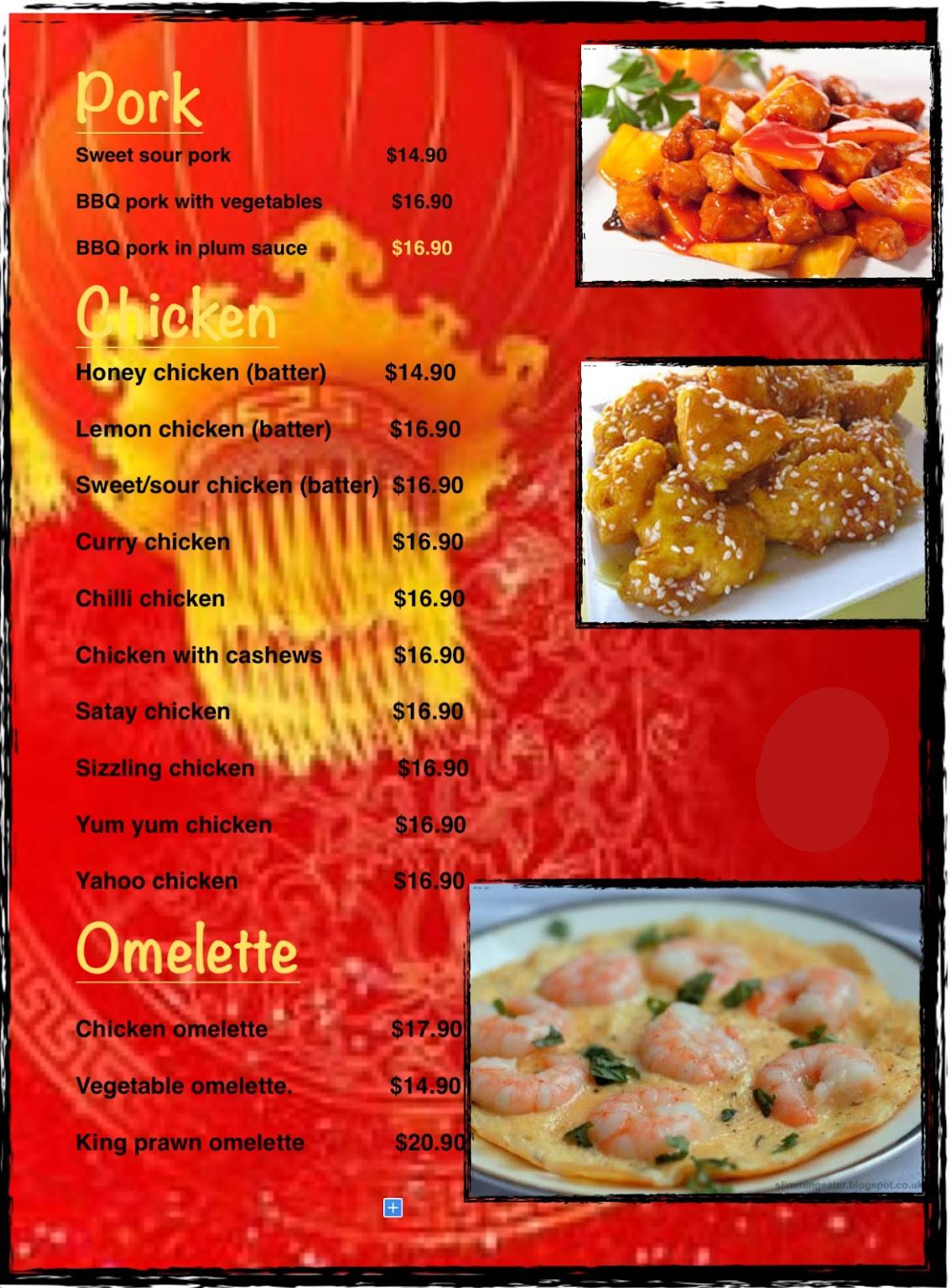 Menu at New Yahoo Chinese and Malaysian restaurant, Victoria Point