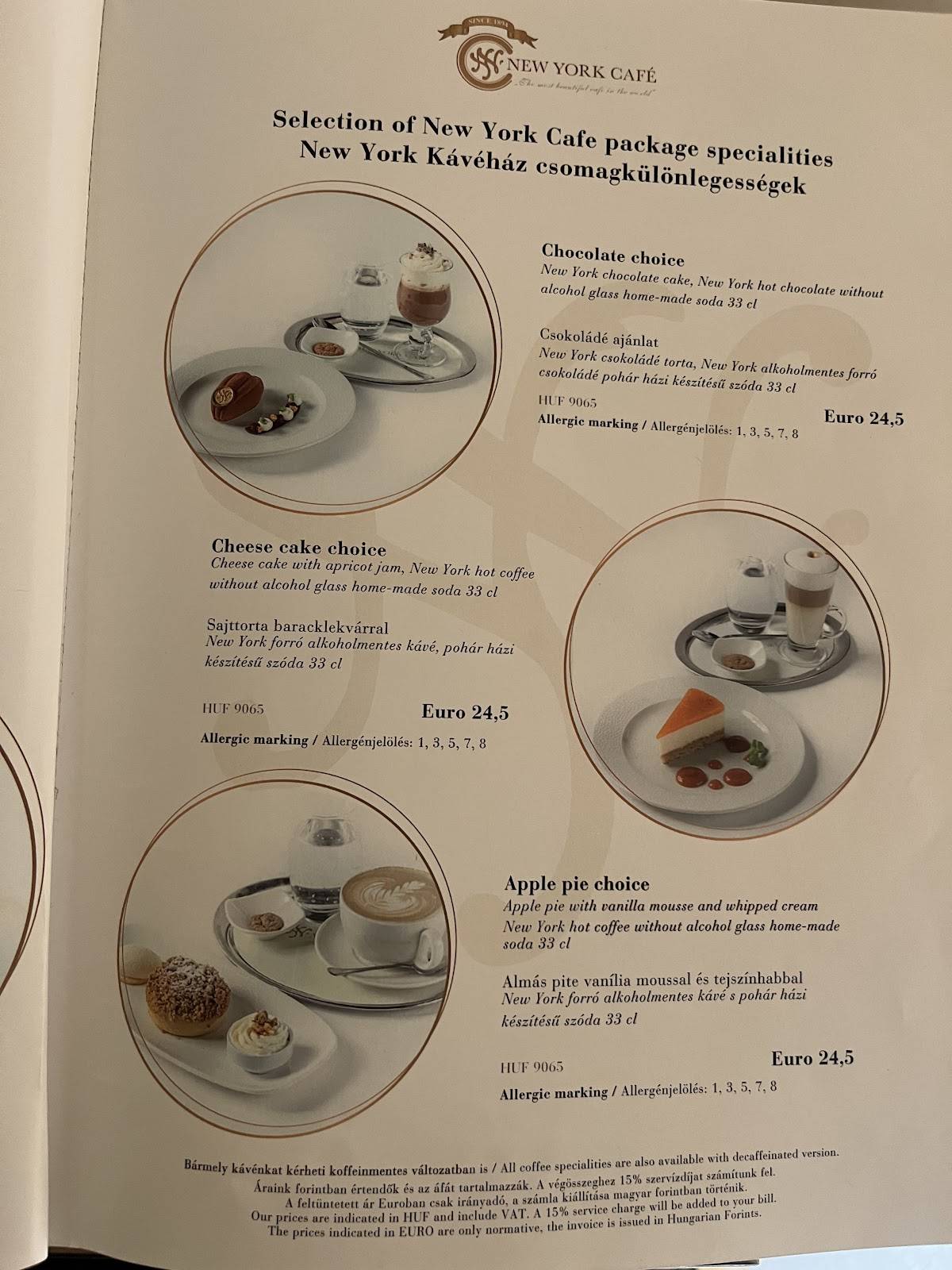 Menu at New York Café cafe, Budapest, Erzsébet krt. 9-11