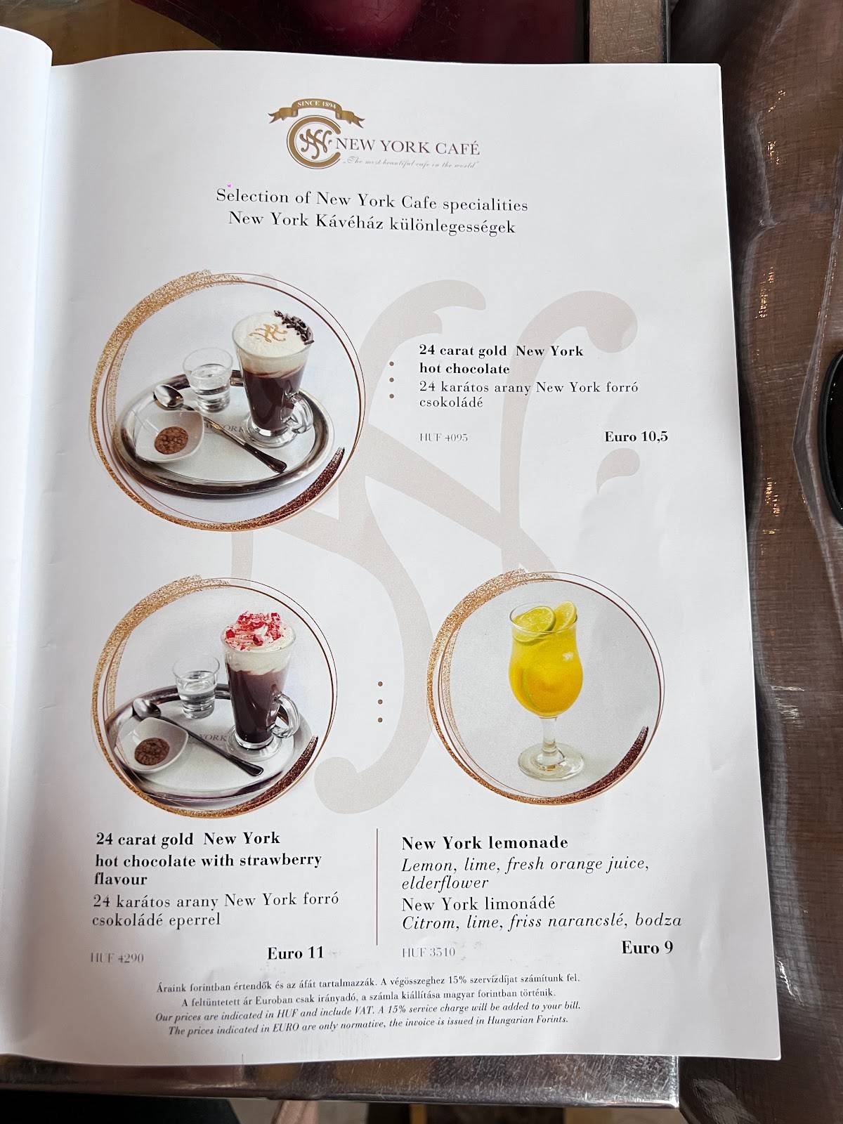 Menu at New York Café cafe, Budapest, Erzsébet krt. 9-11
