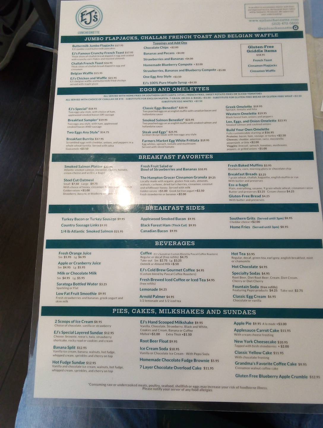 Menu at EJ's Luncheonette restaurant, New York City, 3rd Ave
