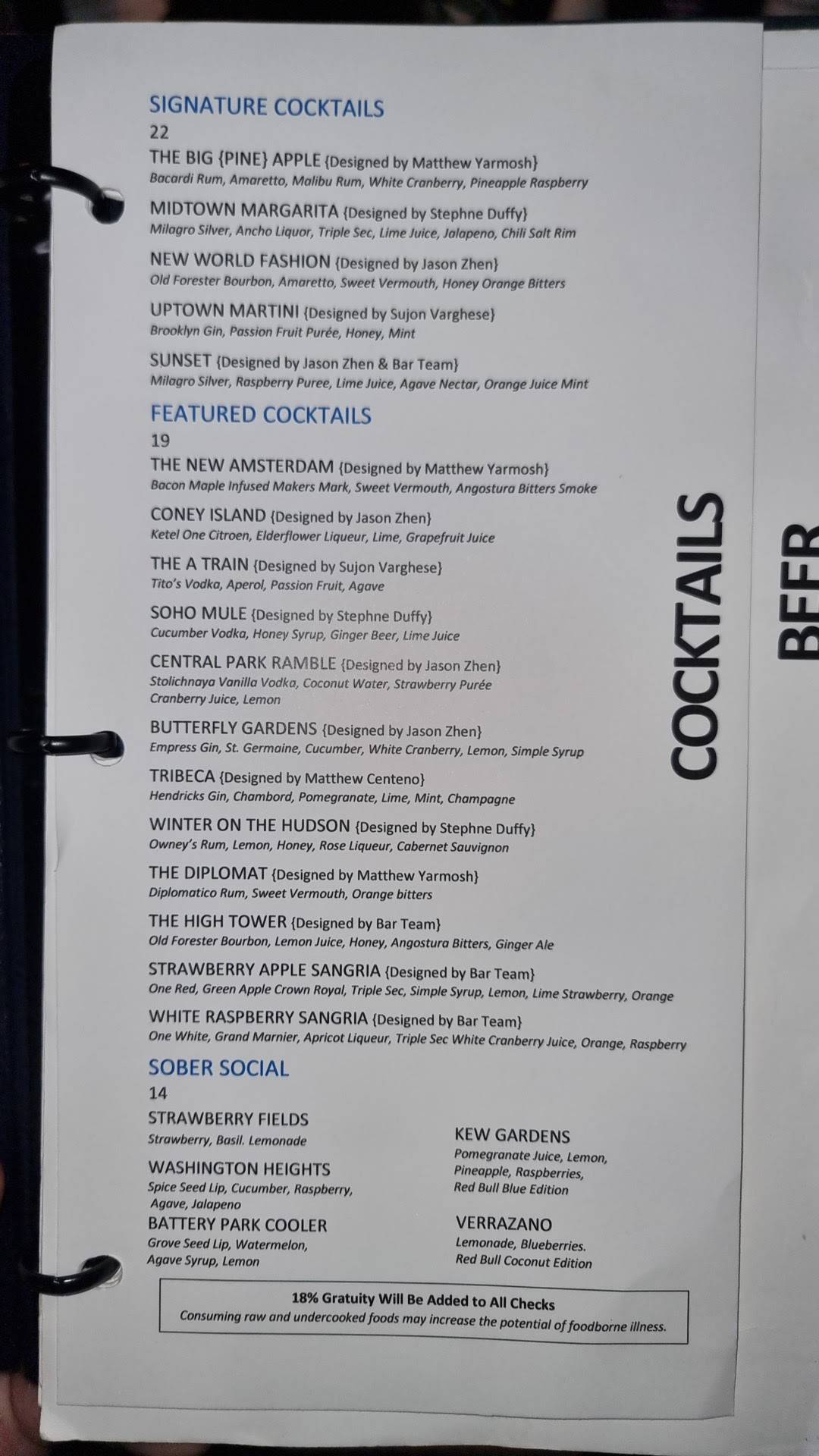 Menu at ONE Dine at One World Observatory restaurant, New York City