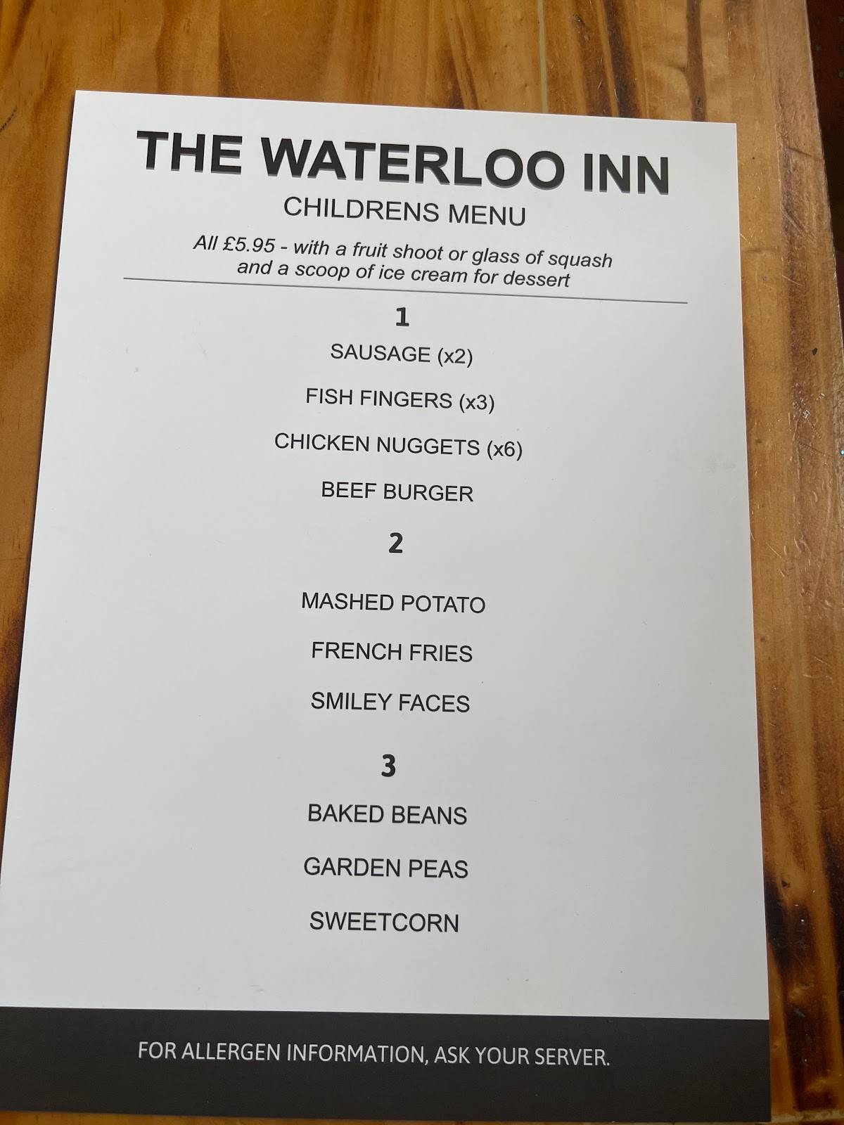 Menu at Waterloo Inn pub & bar, Newport, St Mary's Rd