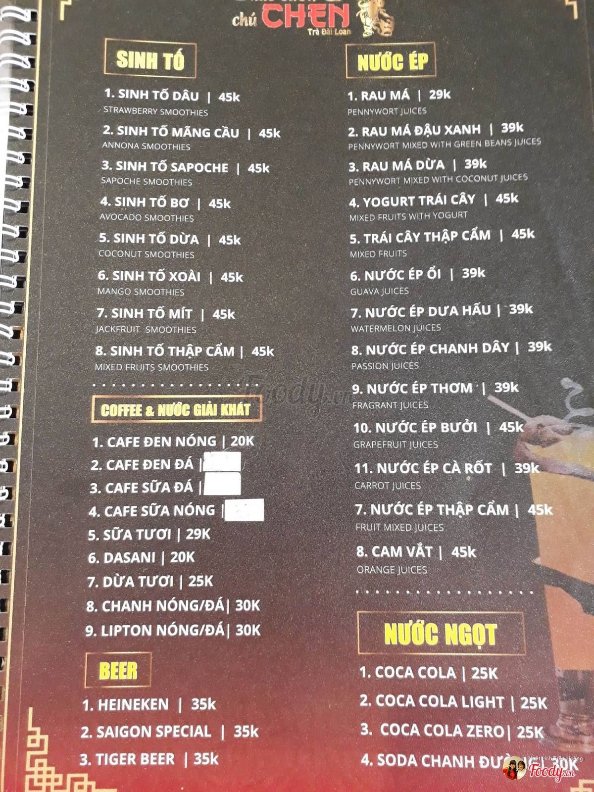 Menu at Nhà Hàng Cháo Sườn Chú Chen restaurant, Ho Chi Minh City, 281 Đ ...