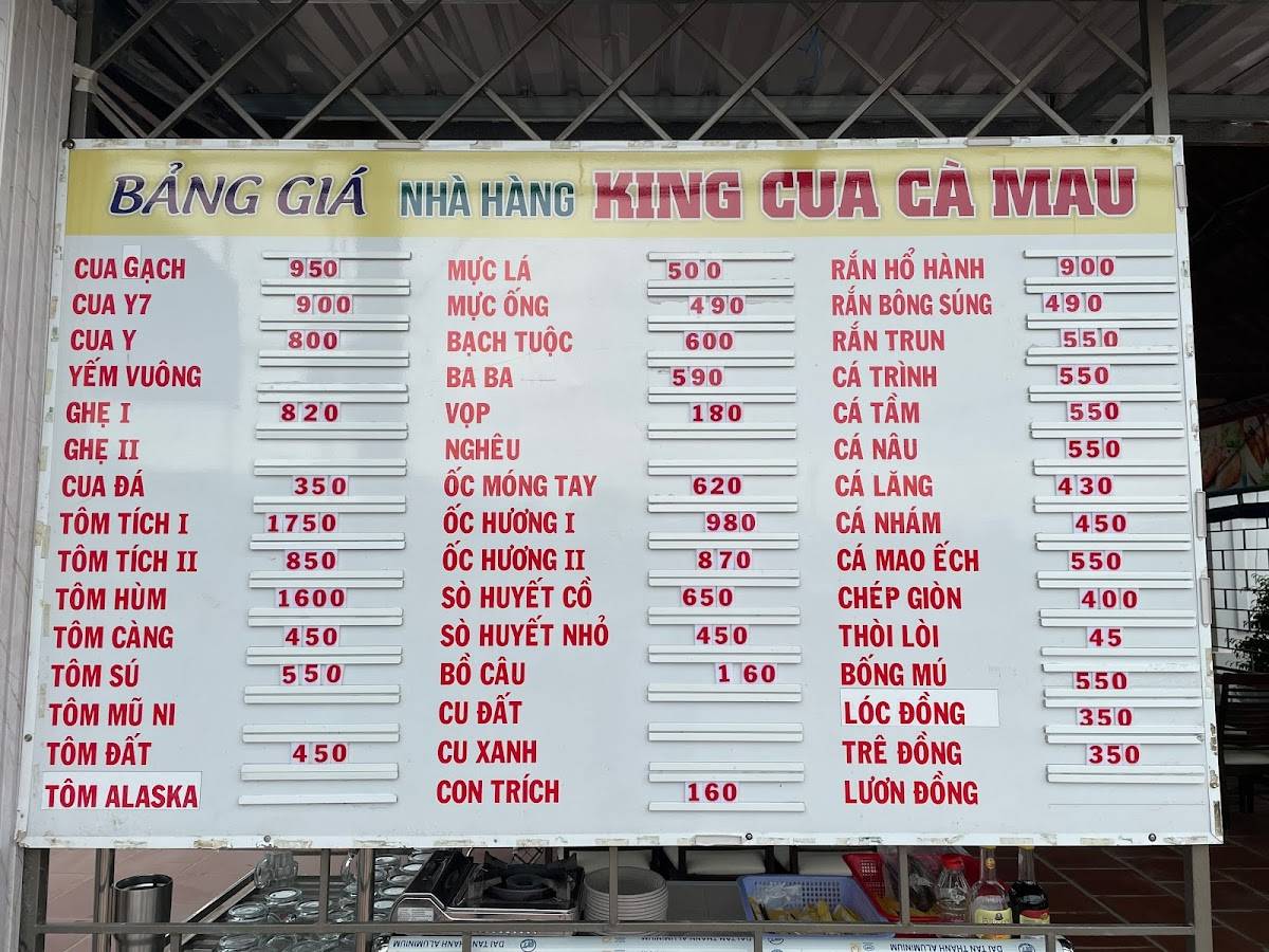 Carta del restaurante Nhà Hàng King Cua, tp. Cà Mau