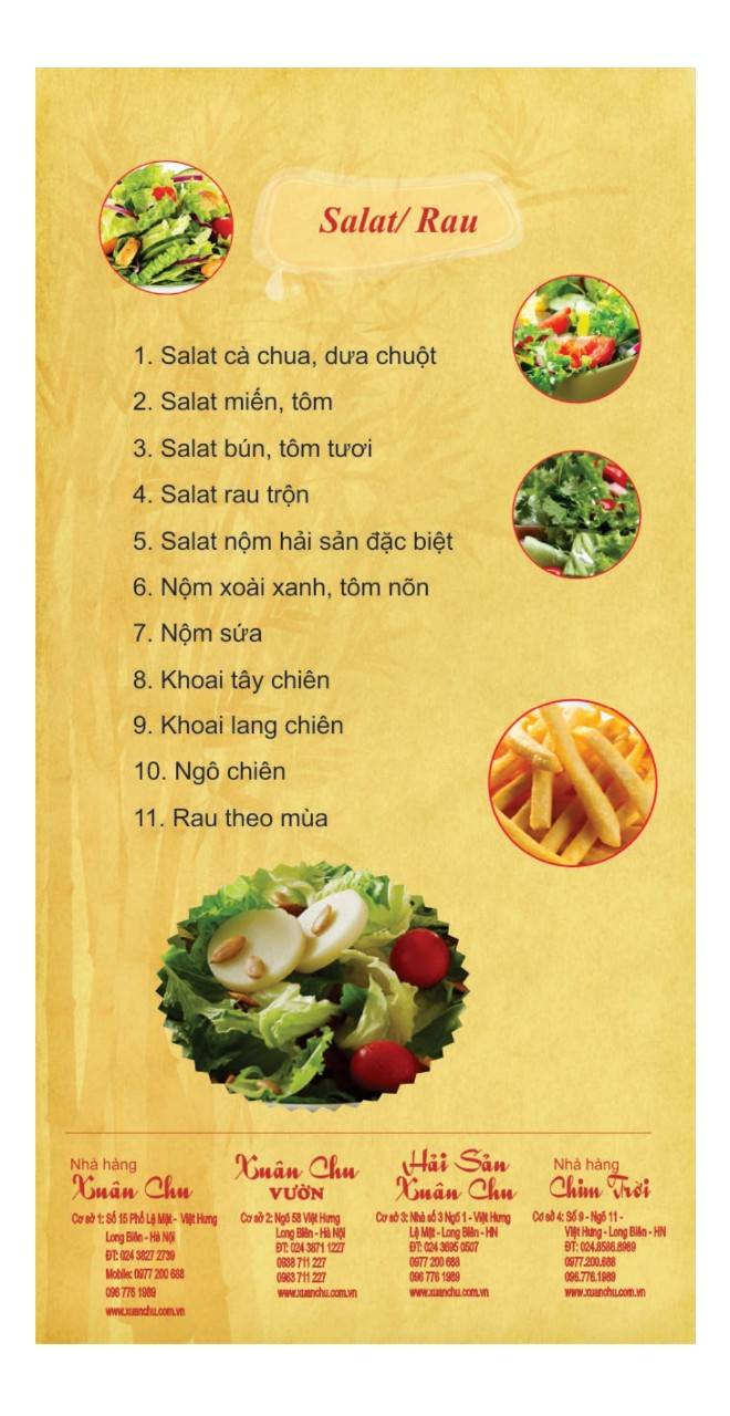 Menu at Nhà hàng Xuân Chu restaurant, Hanoi