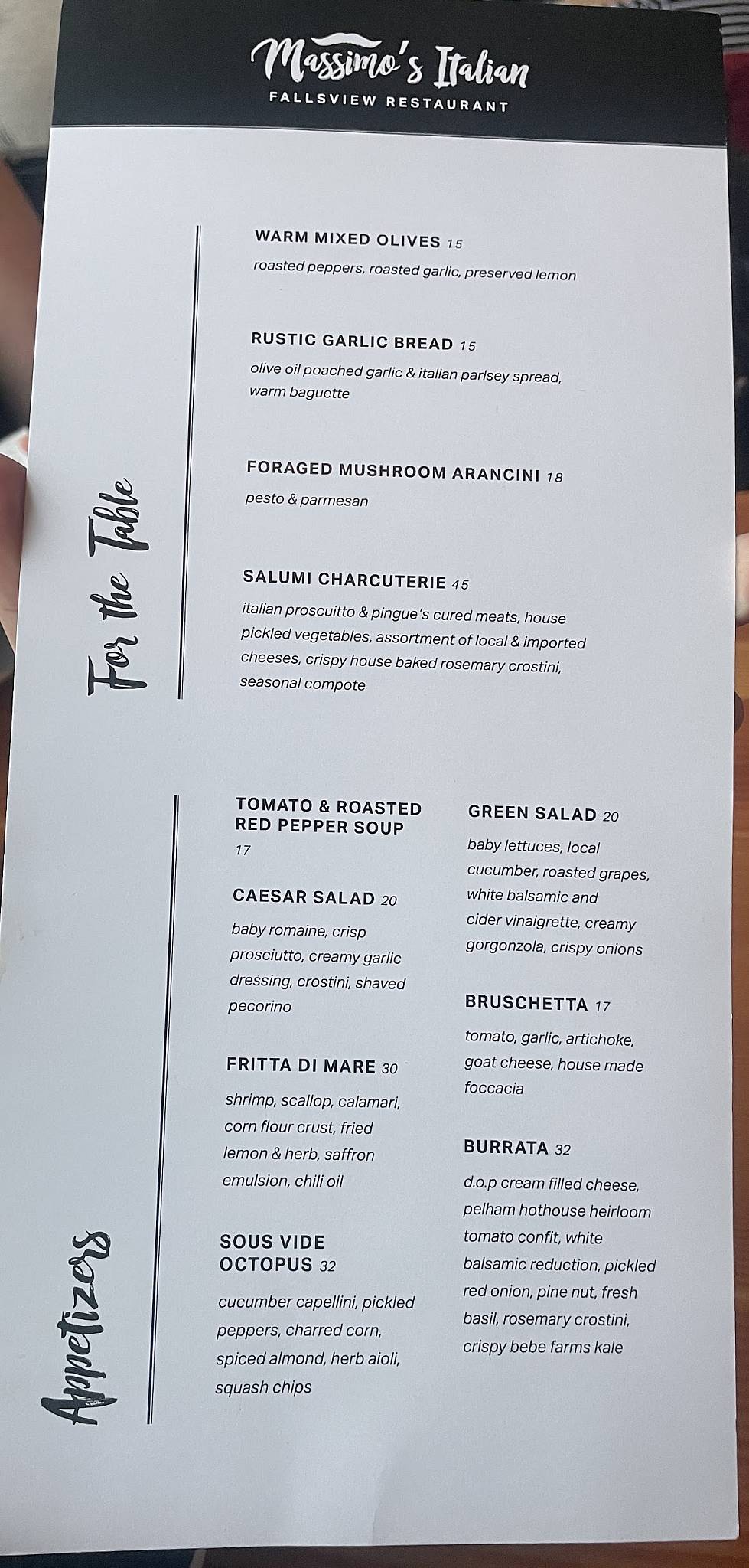 Menu at Massimo’s Italian Fallsview Restaurant, Niagara Falls
