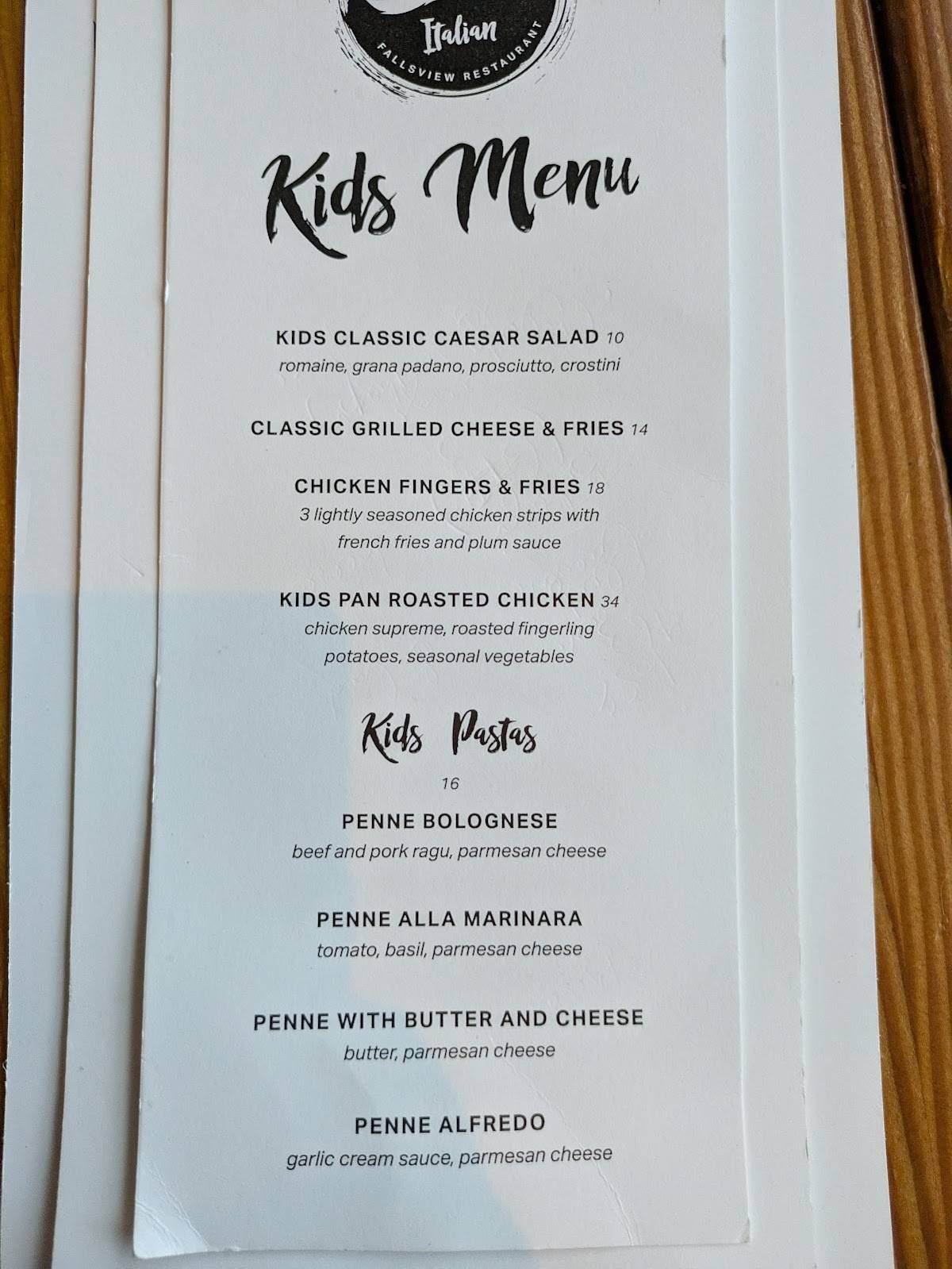 Menu at Massimo’s Italian Fallsview Restaurant, Niagara Falls