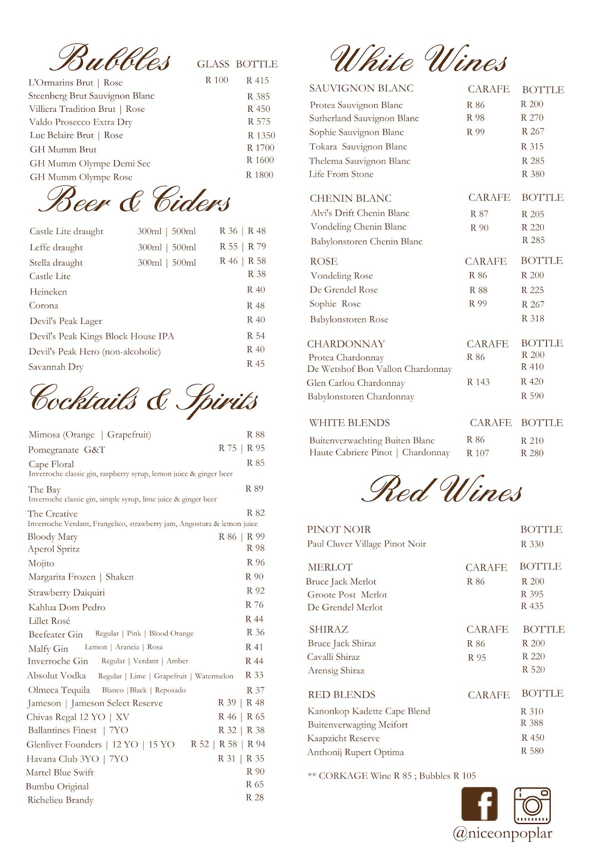 Menu at Nice on Poplar restaurant, Johannesburg