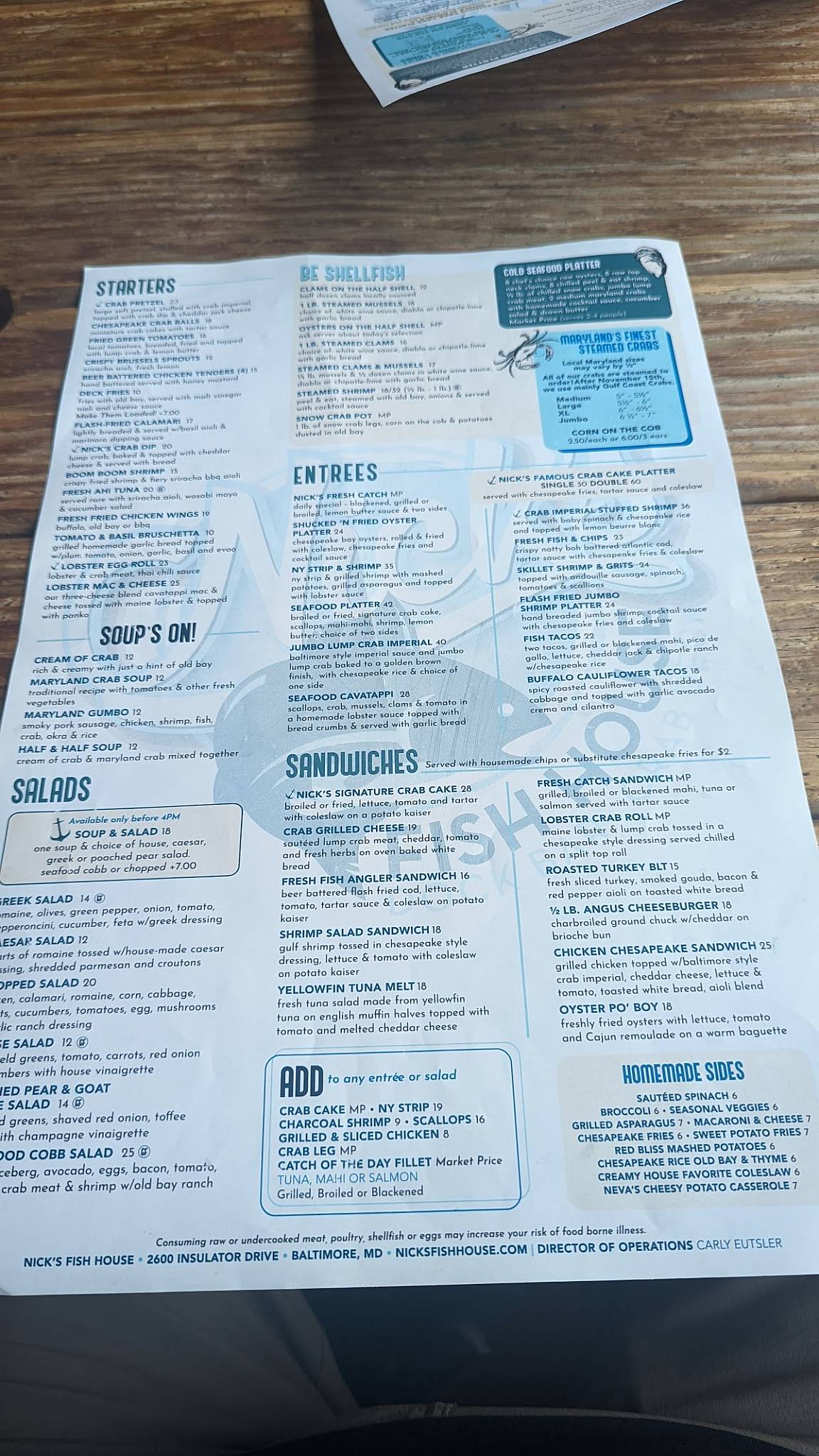 Menu at Nick's Fish House restaurant, Baltimore