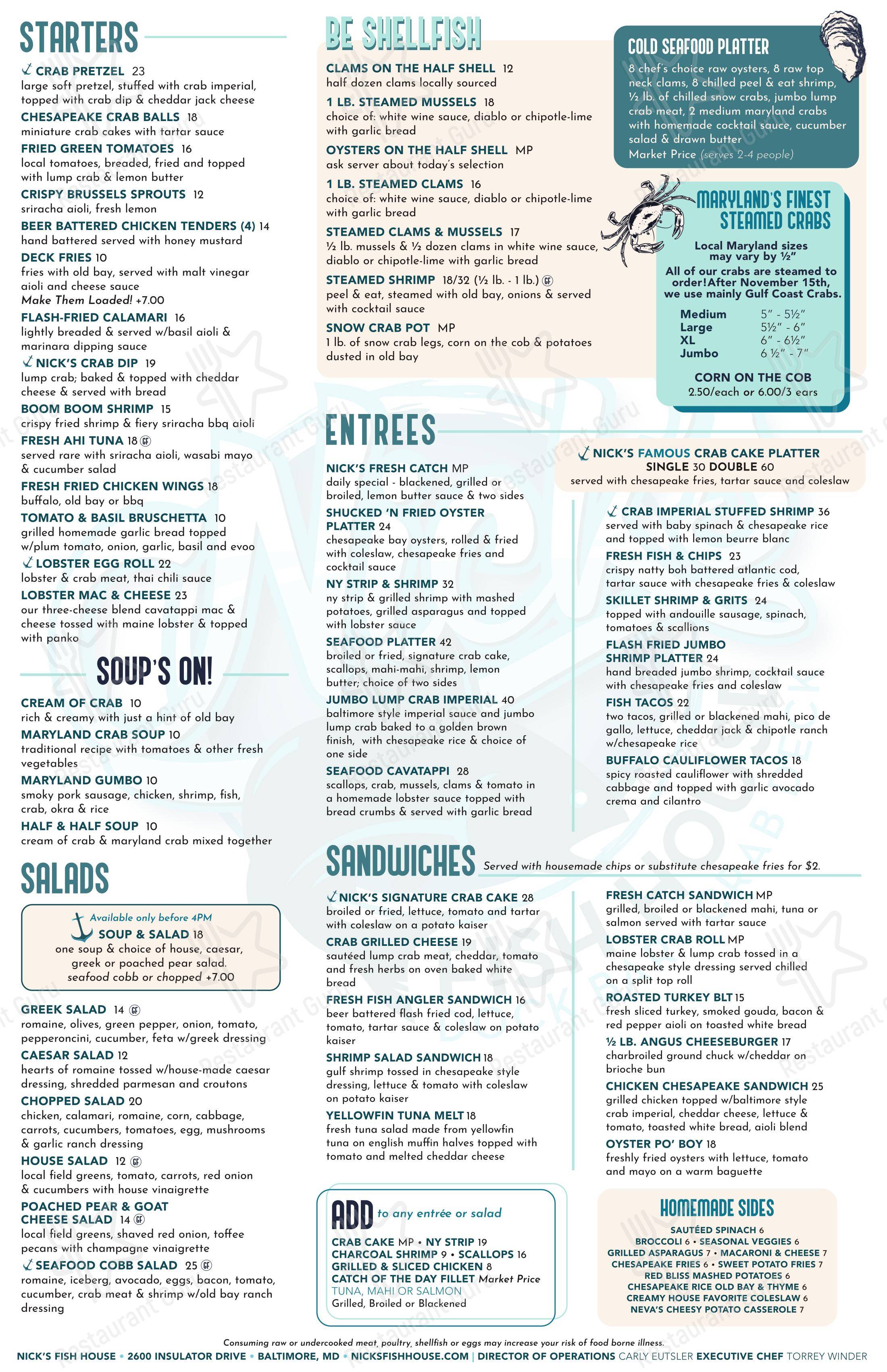 Menu at Nick's Fish House restaurant, Baltimore